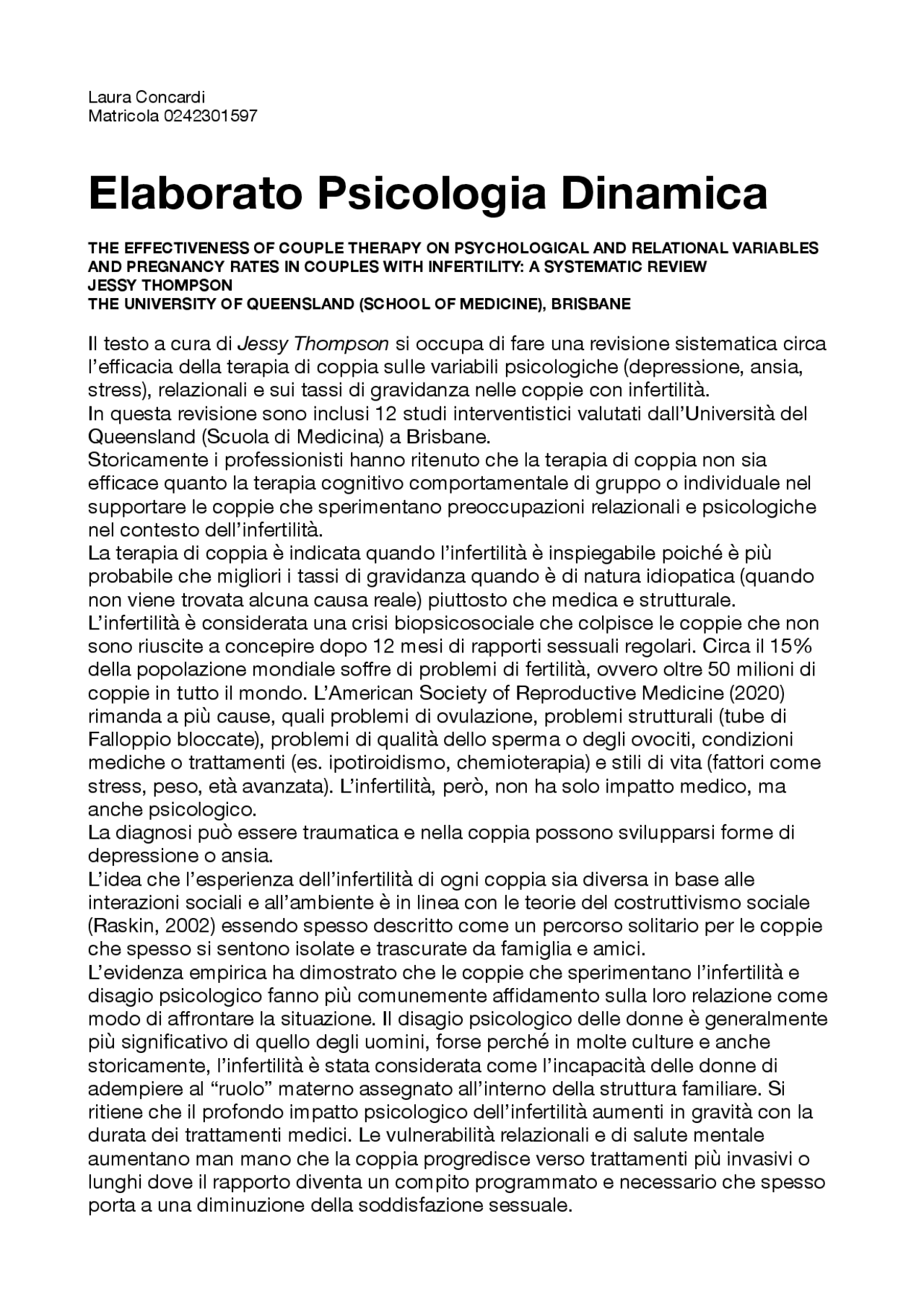 Elaborato PSICOLOGIA DINAMICA | Esercizi di Psicologia Dinamica | Docsity
