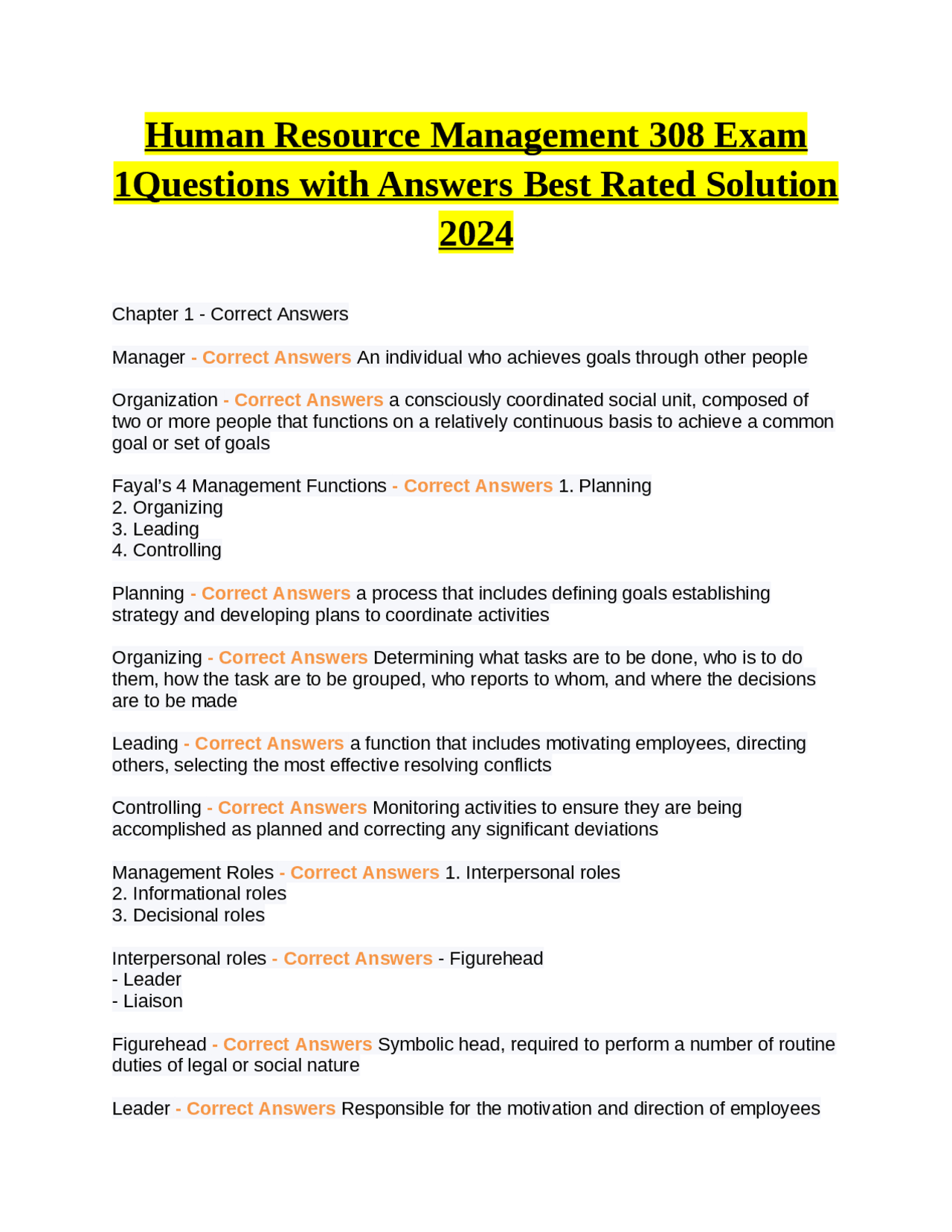 Human Resource Management 308 Exam 1Questions with Answers Best Rated Solution 2024 | Exams ...