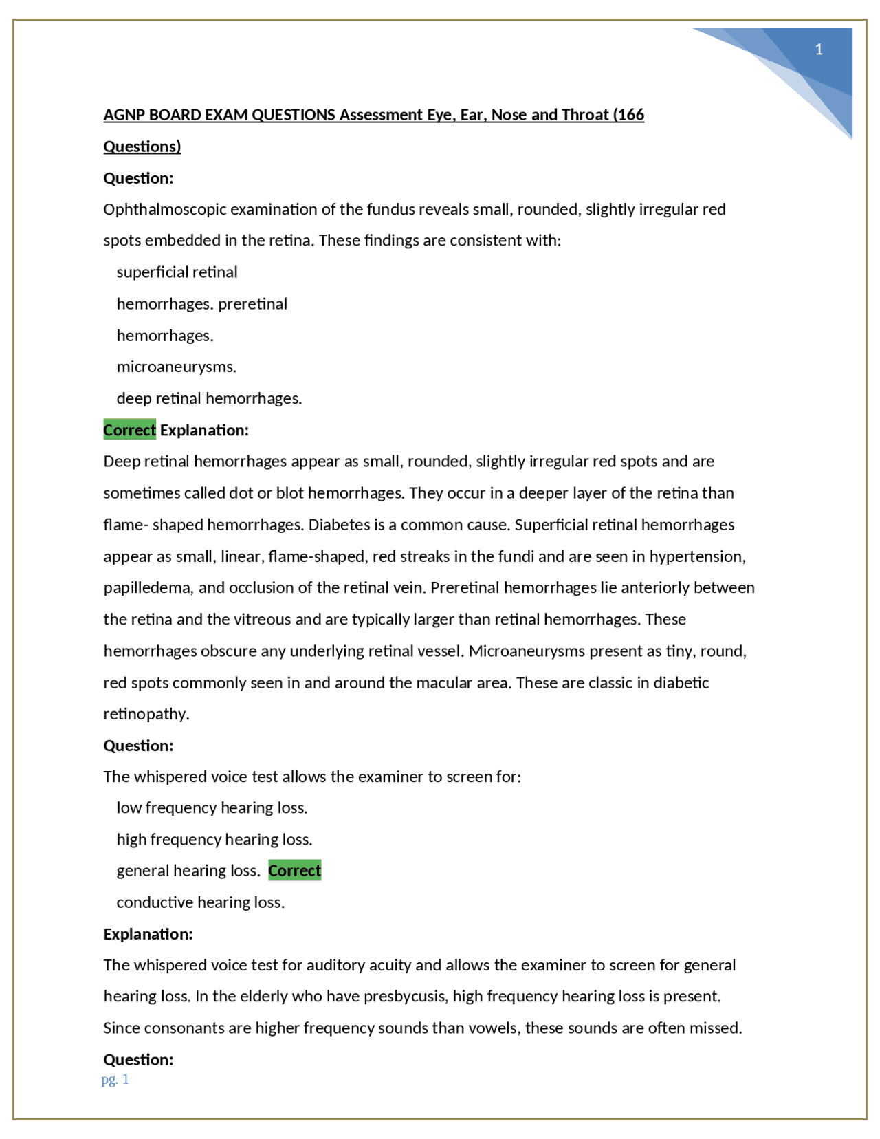 NSG 6320 AGNP BOARD EXAM QUESTIONS EYE EAR NOSE THROAT Assessment | Exams Nursing | Docsity