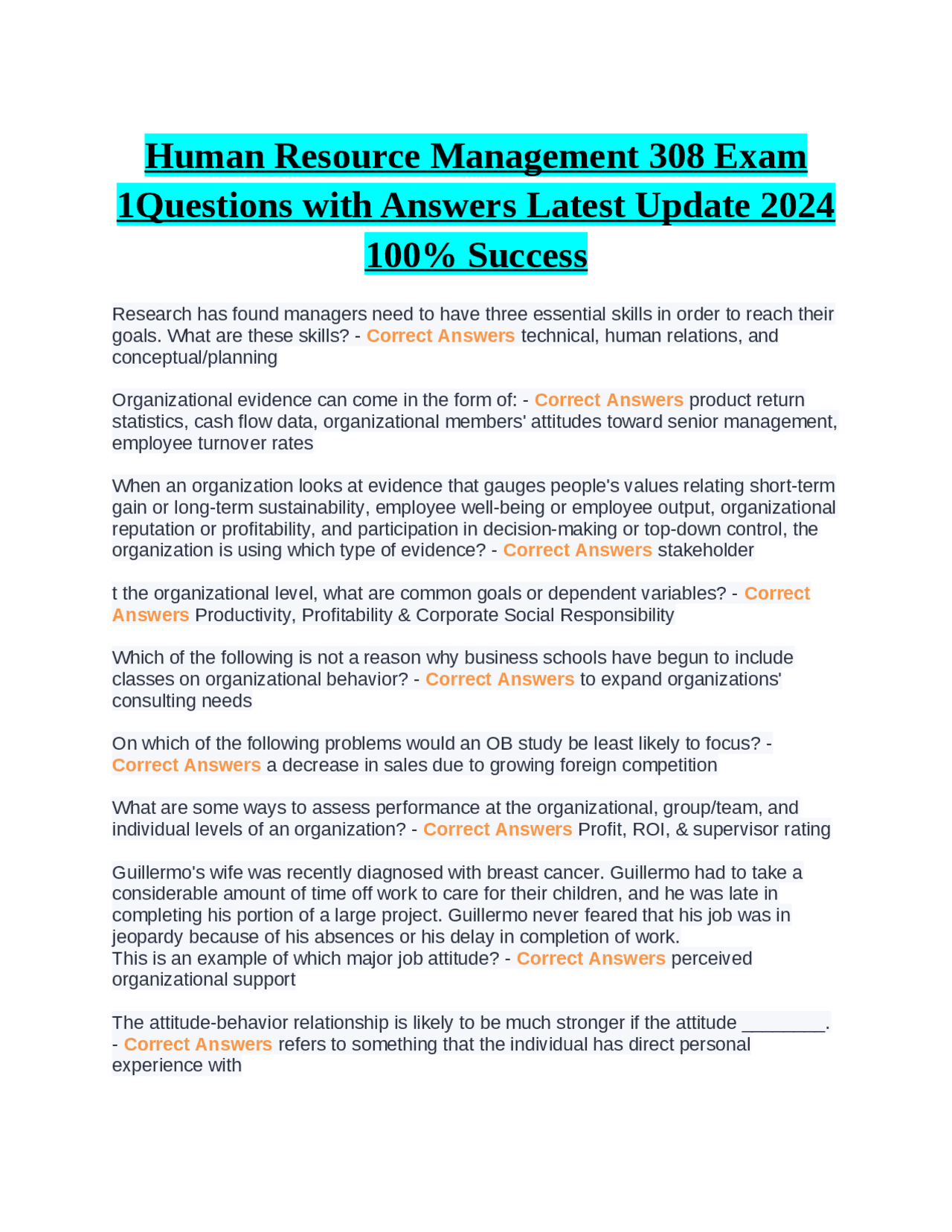 Human Resource Management Exam Questions and Answers | Exams Human Resource Management | Docsity