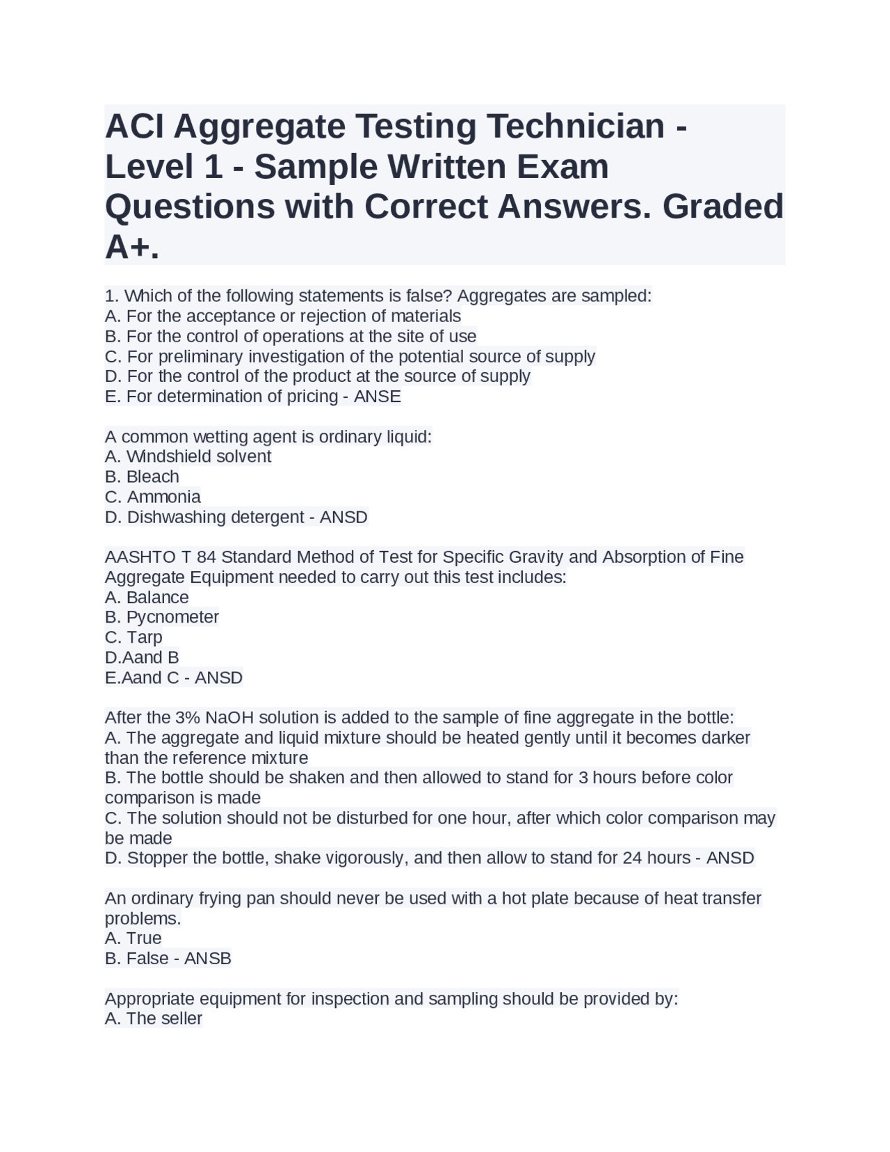 ACI Aggregate Testing Technician - Level 1 - Sample Written Exam ...