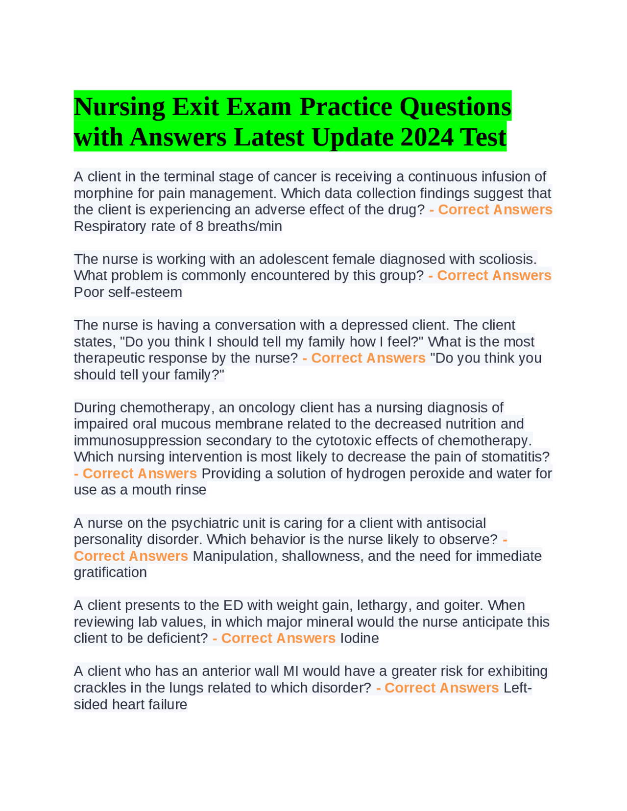 Nursing Exit Exam Practice Questions with Answers Latest Update 2024 ...