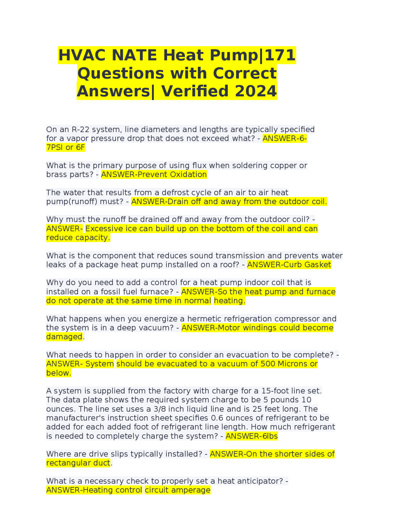 HVAC NATE Heat Pump|171 Questions with Correct Answers| Verified 2024 ...