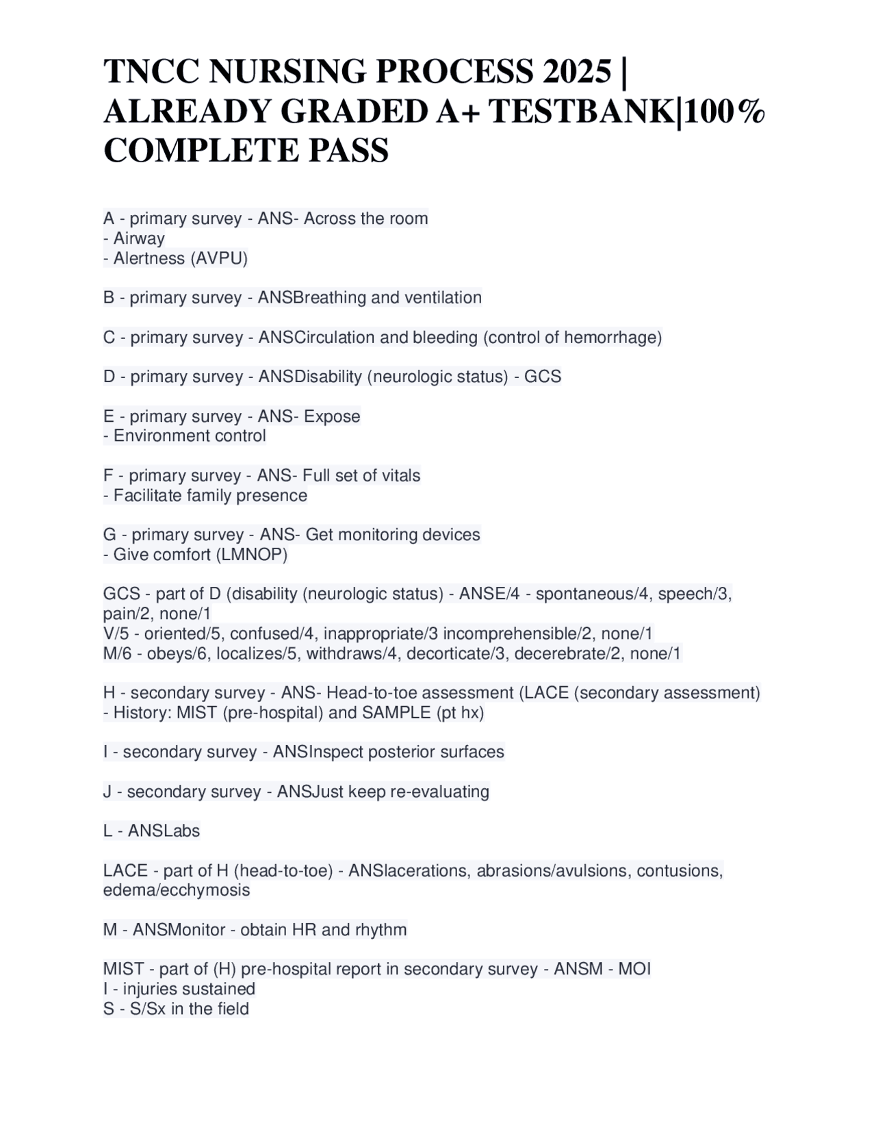 TNCC NURSING PROCESS 2025 ALREADY GRADED A+ TESTBANK 100% COMPLETE PASS ...
