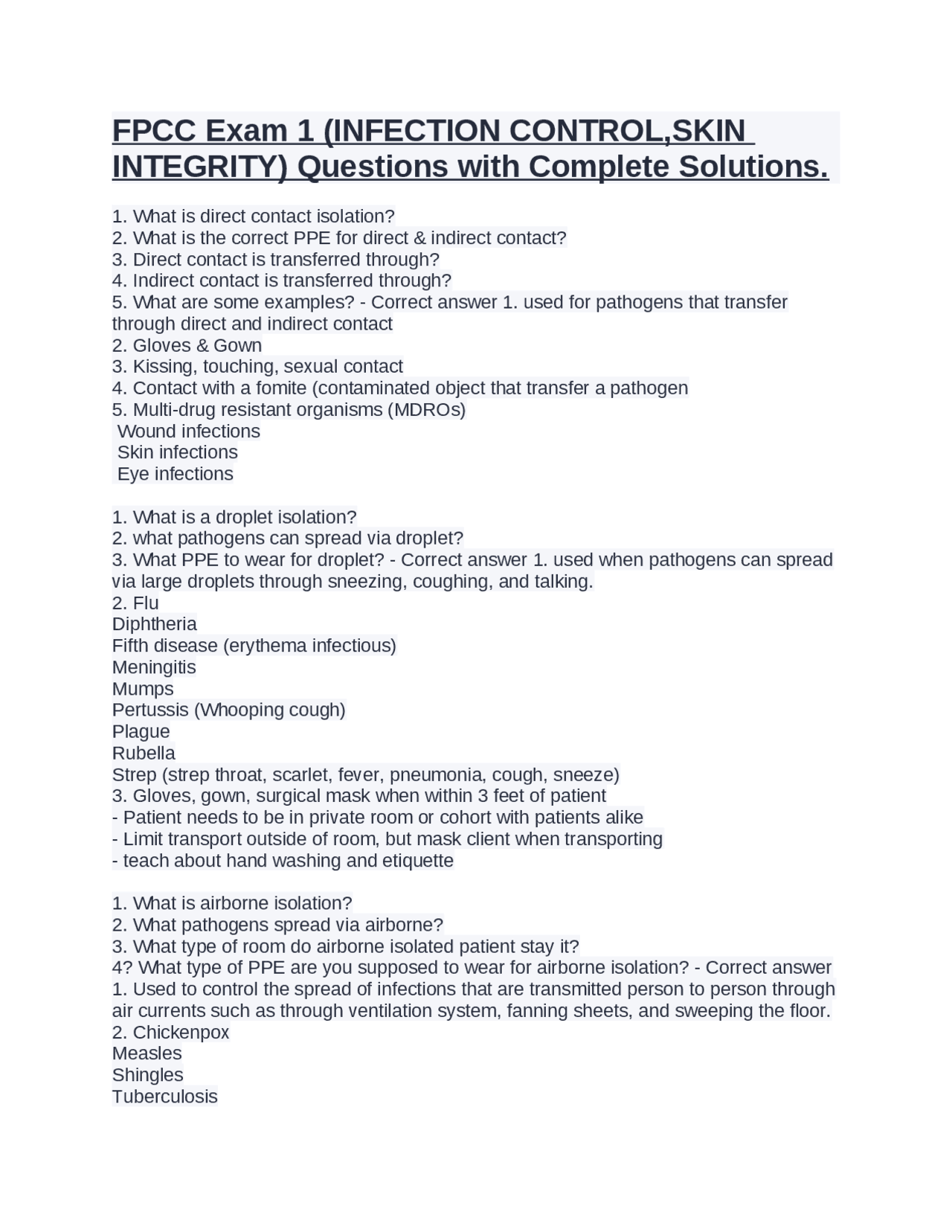 FPCC Exam 1 (INFECTION CONTROL,SKIN INTEGRITY) Questions with Complete Solutions. | Exams ...