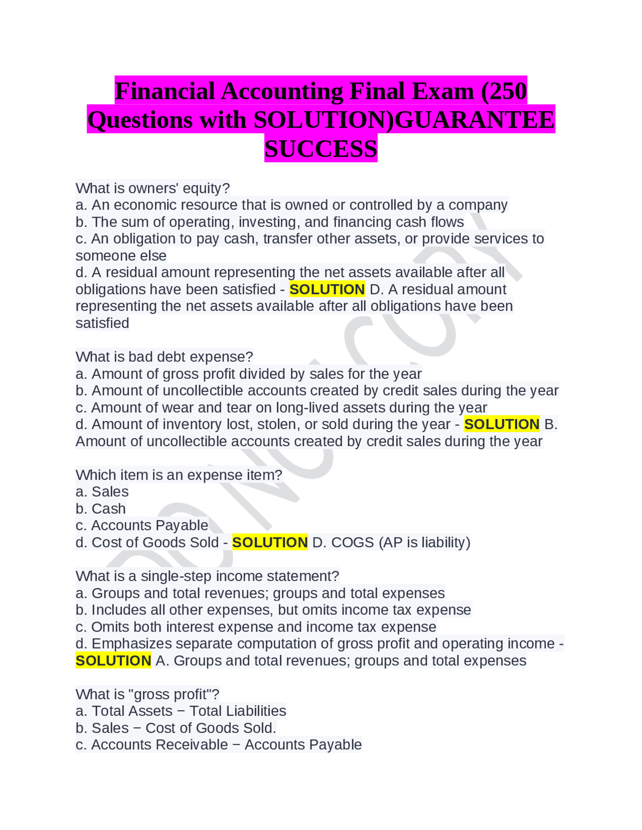 Financial Accounting Final Exam (250 Questions with SOLUTION)GUARANTEE ...