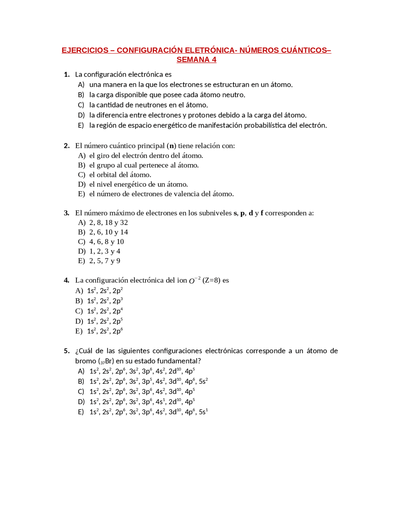 Ejercicios De Configuración Electrónica Y Números Cuánticos