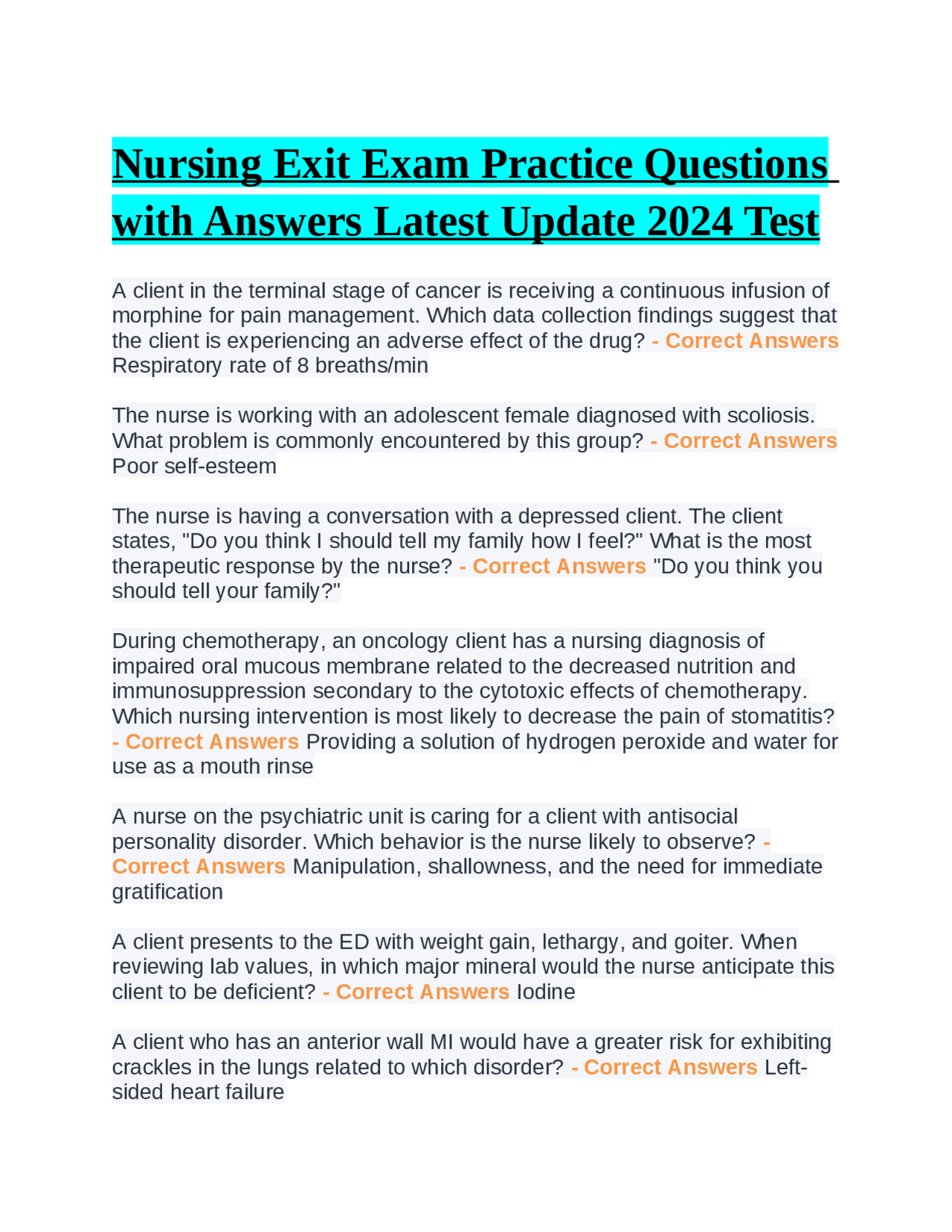 Nursing Exit Exam Practice Questions with Answers Latest Update 2024 ...