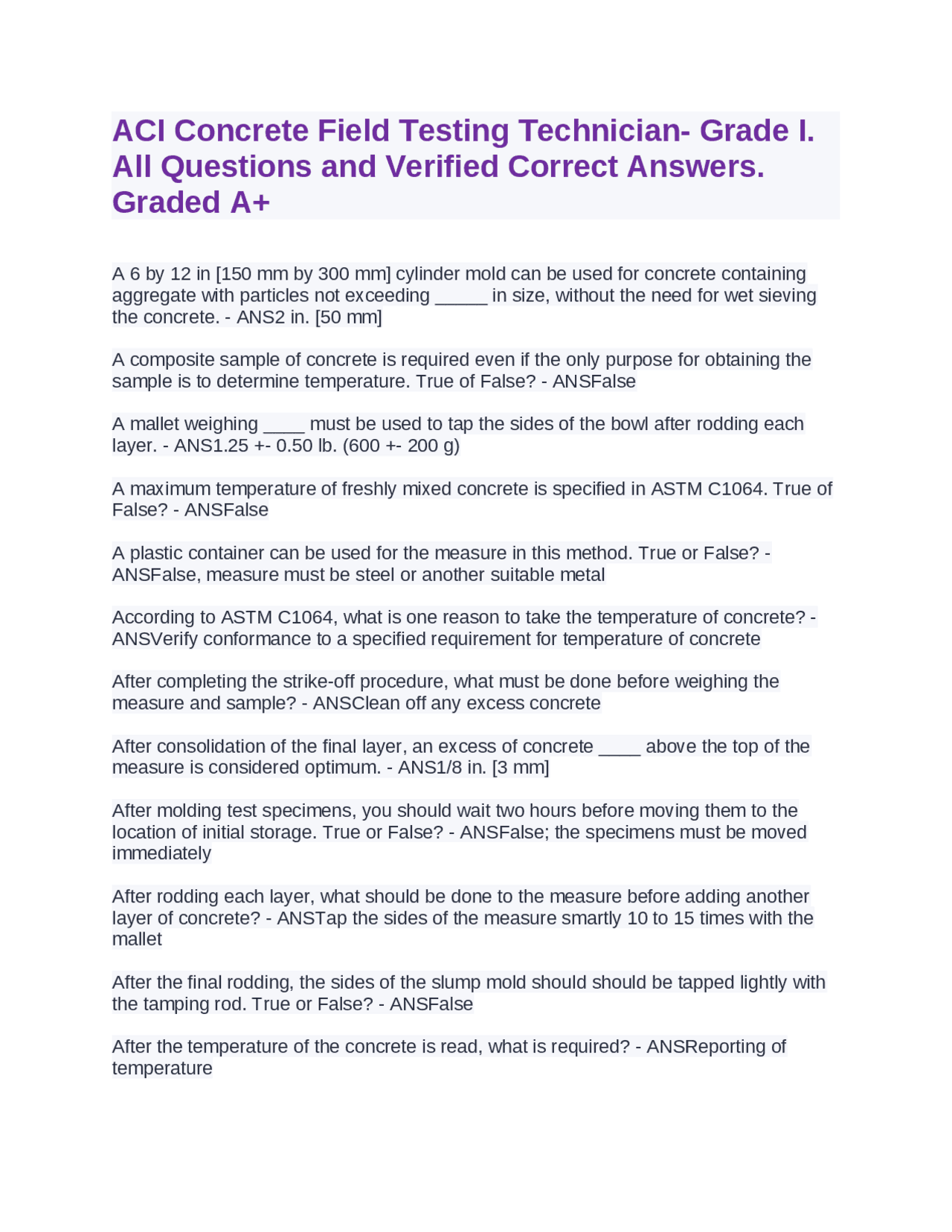 ACI Concrete Field Testing Technician- Grade I. All Questions and ...