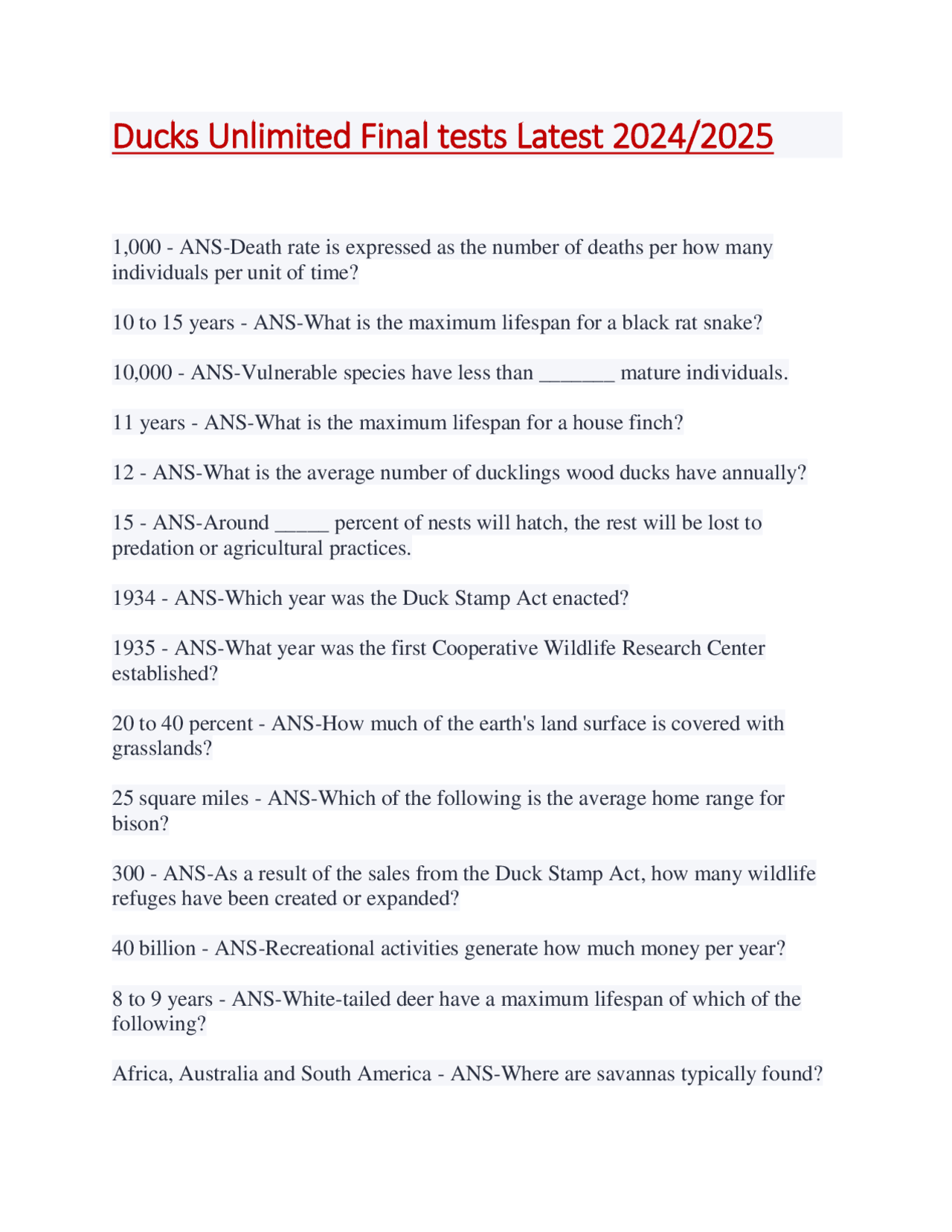 Ducks Unlimited Final tests Latest 2024/2025 | Exams Ecology and ...