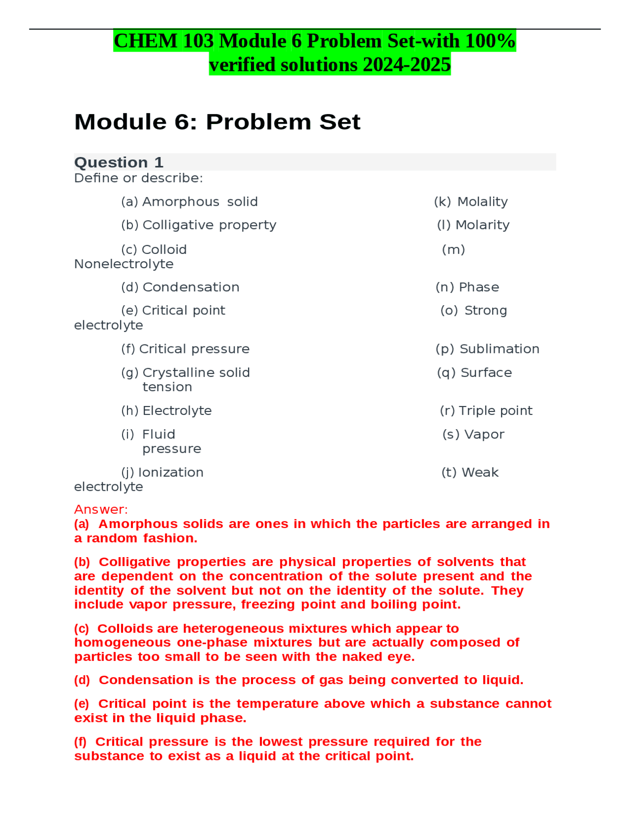 CHEM 103 Module 6 Problem Set-with 100% verified solutions 2024-2025 ...