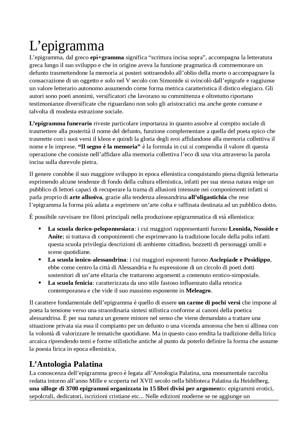 Antologia Palatina ed epigramma: Leonida, Asclepiade, Meleagro | Dispense di Greco | Docsity