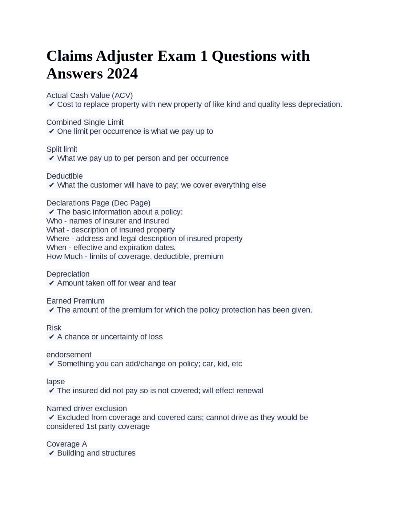 Claims Adjuster Exam 1 Questions with Answers 2024 | Exams Business ...
