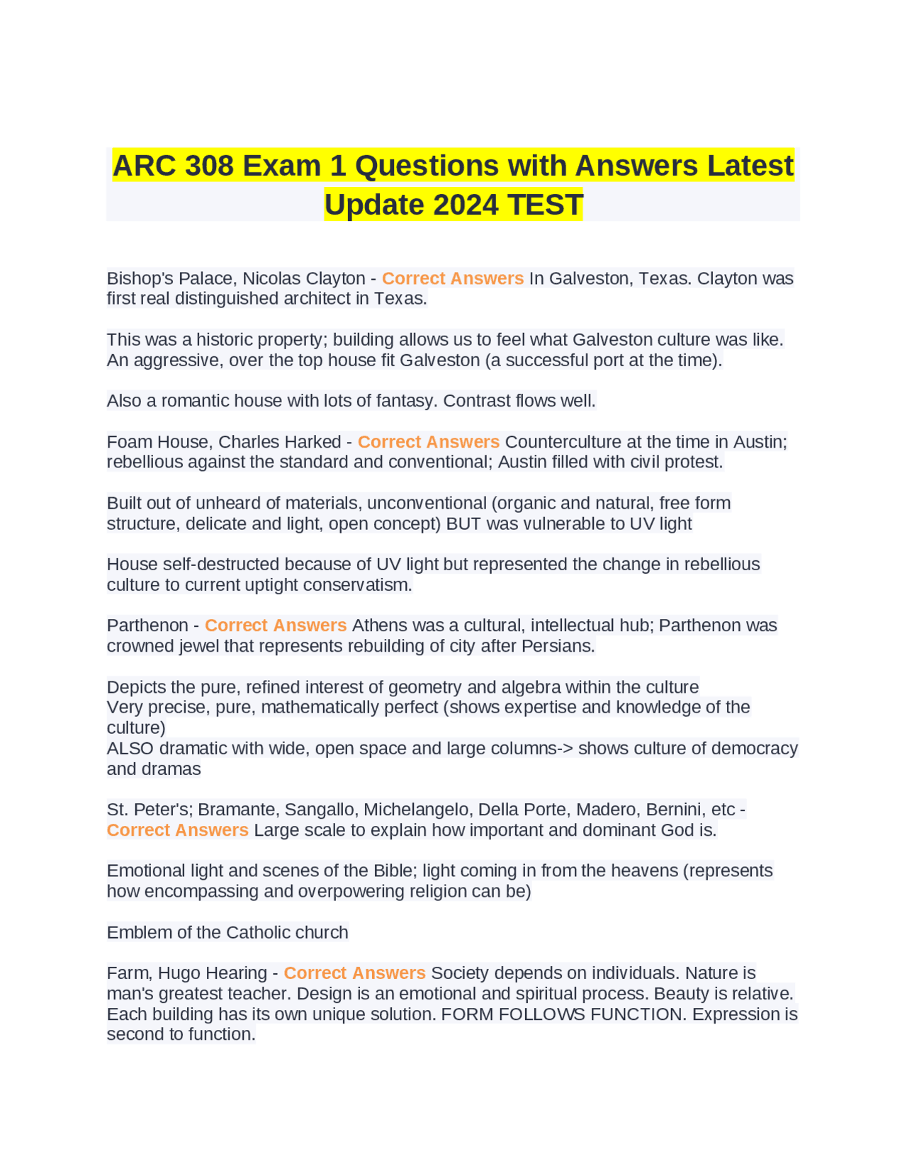 ARC 308 Exam 1 Questions with Answers Latest Update 2024 TEST | Exams ...