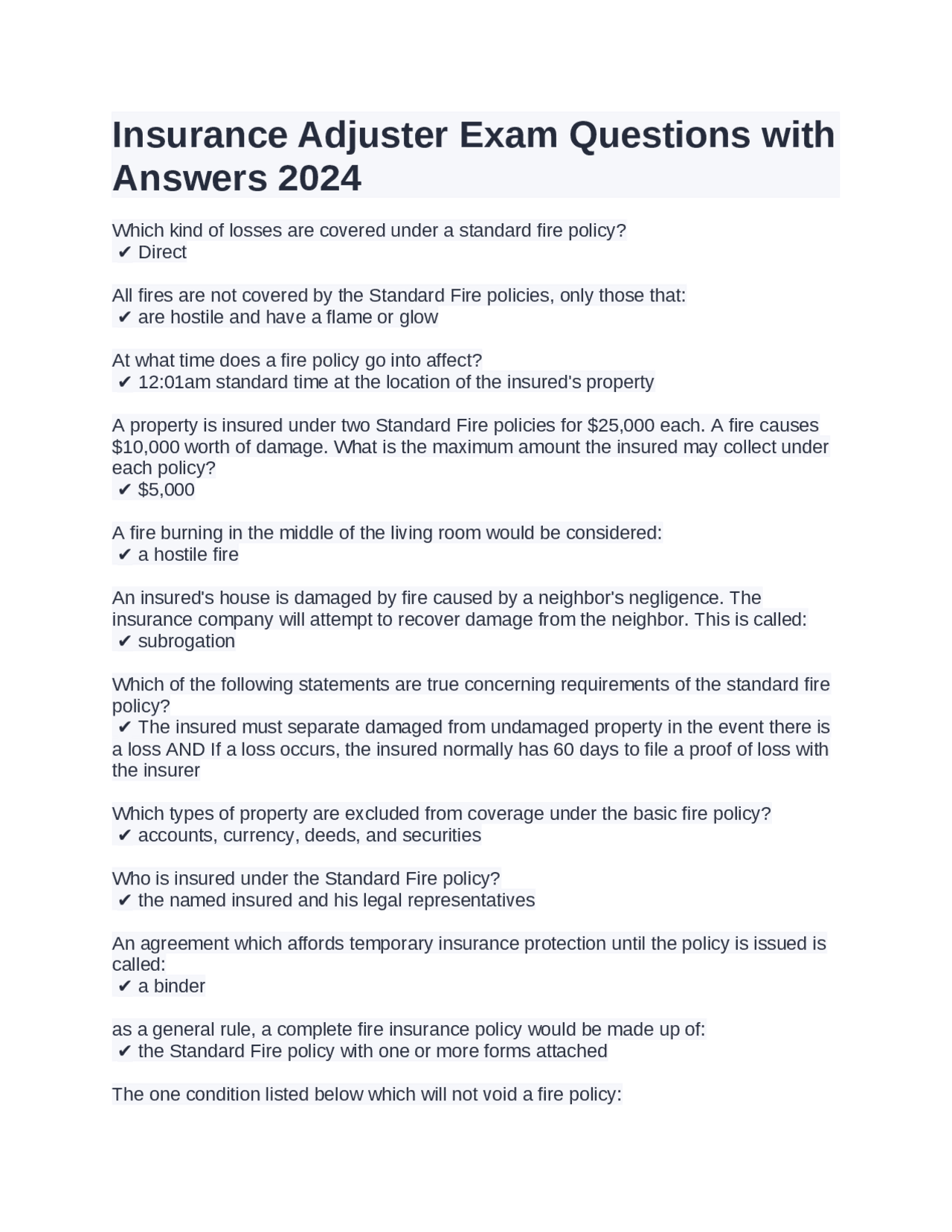 Insurance Adjuster Exam Questions with Answers 2024 | Exams Business ...