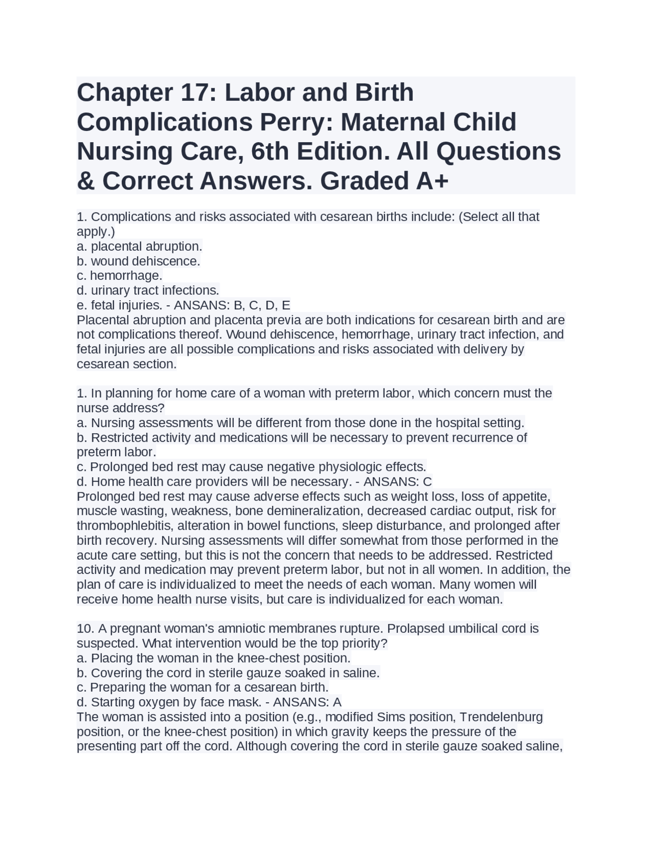 Chapter 17: Labor and Birth Complications Perry: Maternal Child Nursing ...