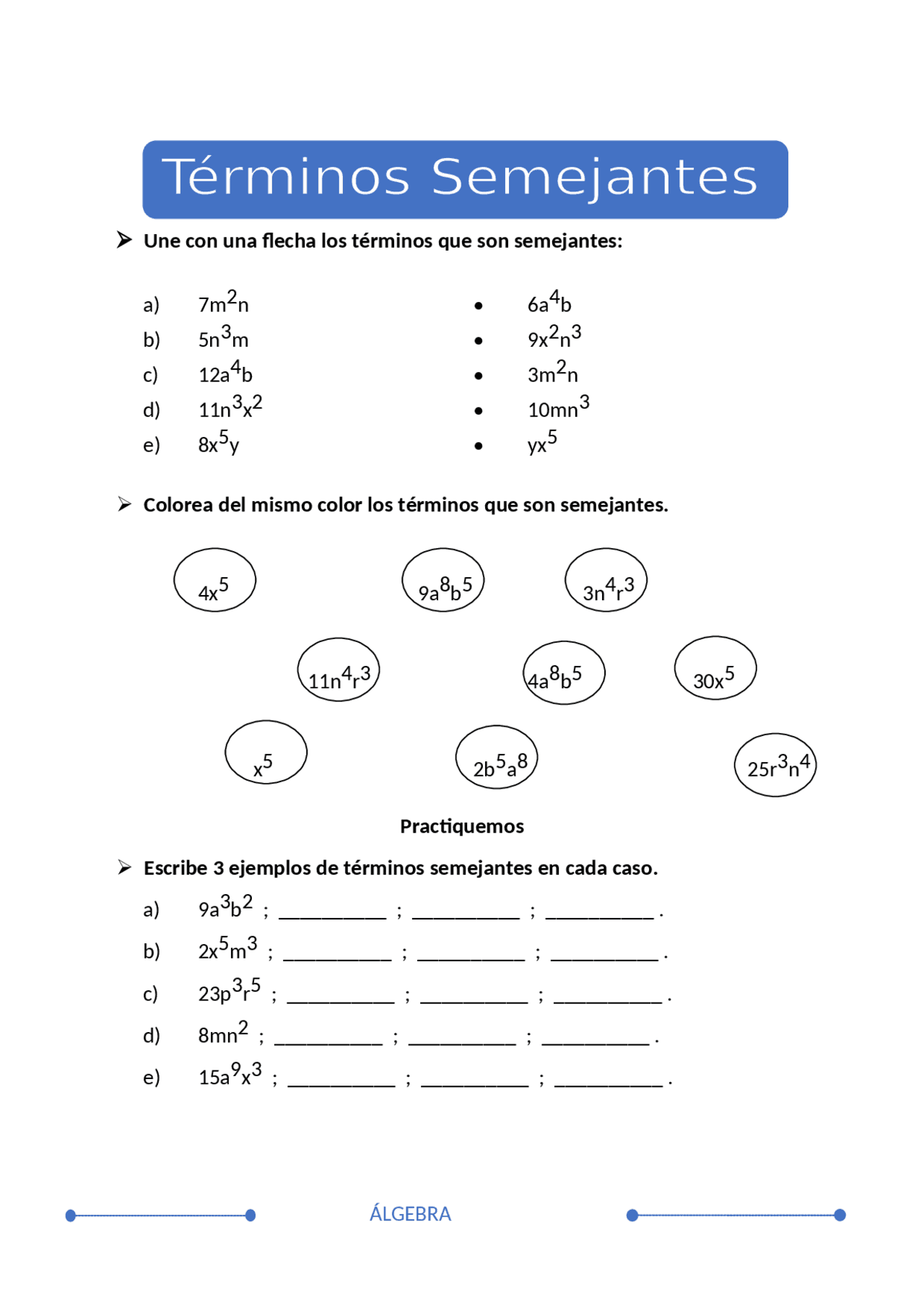 Hojas De Trabajo Para Combinar Términos Semejantes Terminos