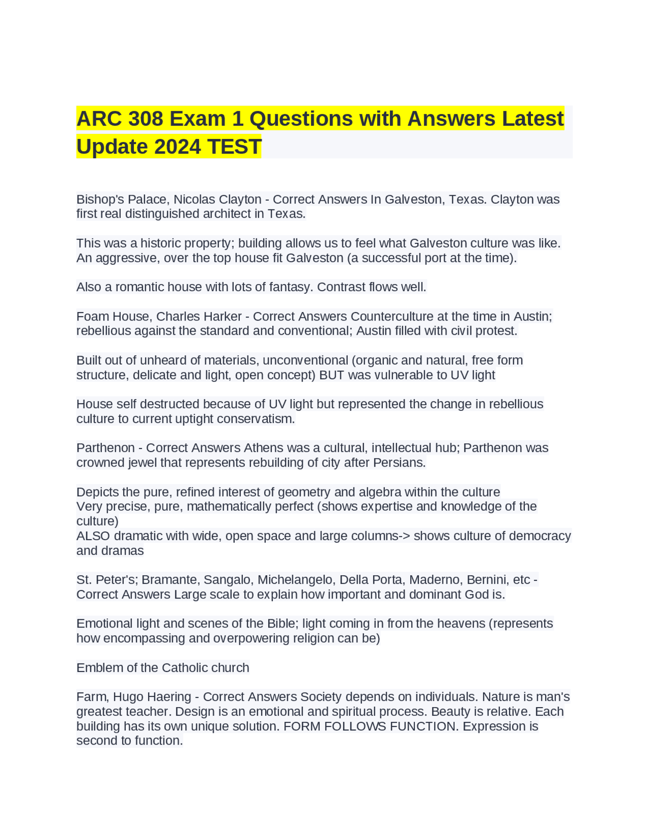 ARC 308 Exam 1 Questions with Answers Latest Update 2024 TEST | Exams ...