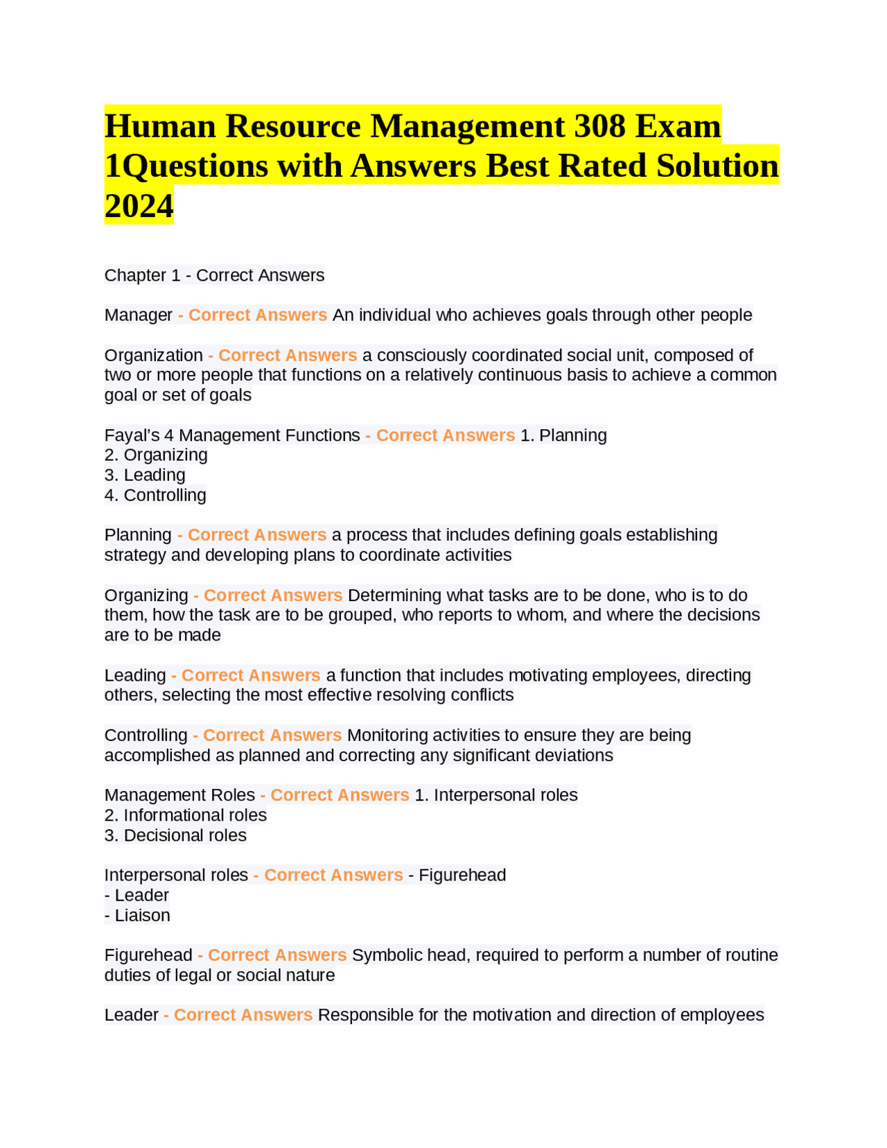 Human Resource Management 308 Exam 1Questions with Answers Best Rated ...