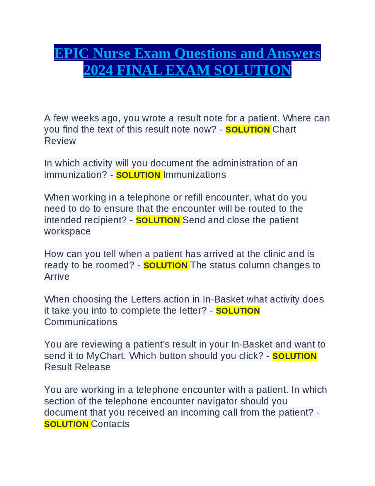 EPIC Nurse Exam Questions and Answers 2024 FINAL EXAM SOLUTION | Exams Nursing | Docsity