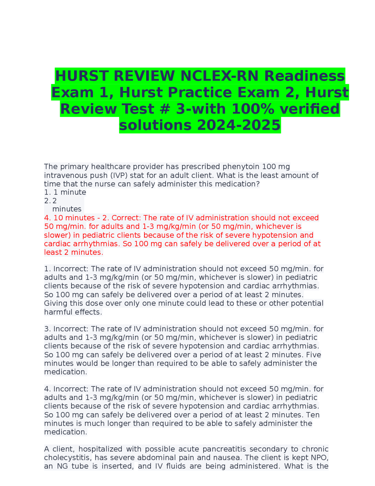 HURST REVIEW NCLEX-RN Readiness Exam 1, Hurst Practice Exam 2, Hurst ...