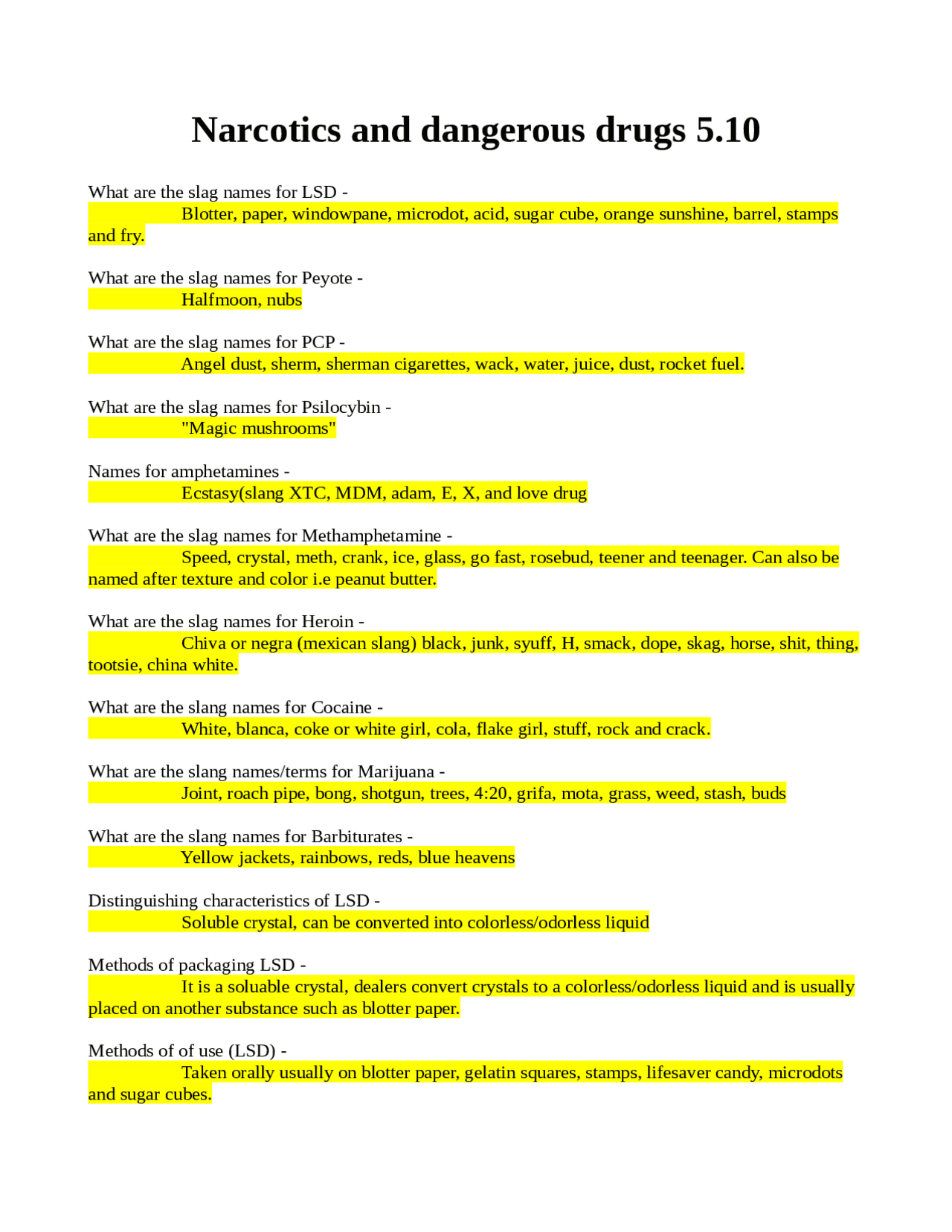 Narcotics and dangerous drugs 5.10 | Exams Pharmacy | Docsity