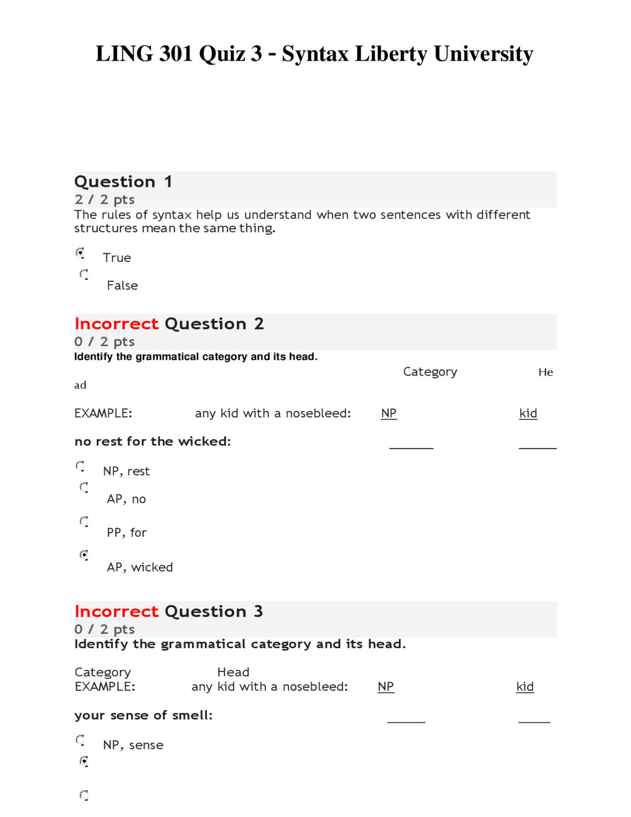 LING 301 Quiz 3 – Syntax Liberty University 2024- 2025 | Exams ...
