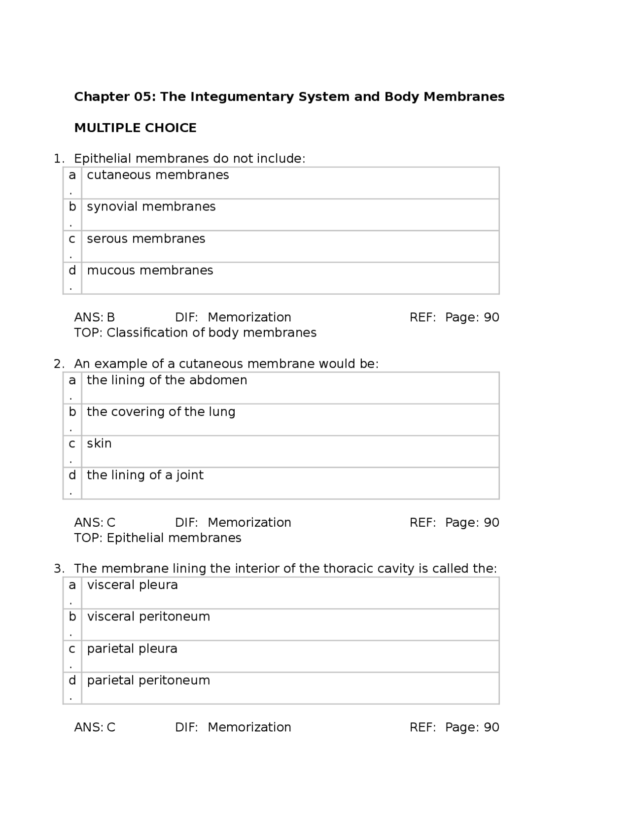 Chapter 05 The Integumentary System and Body Membranes MULTIPLE CHOICE ...