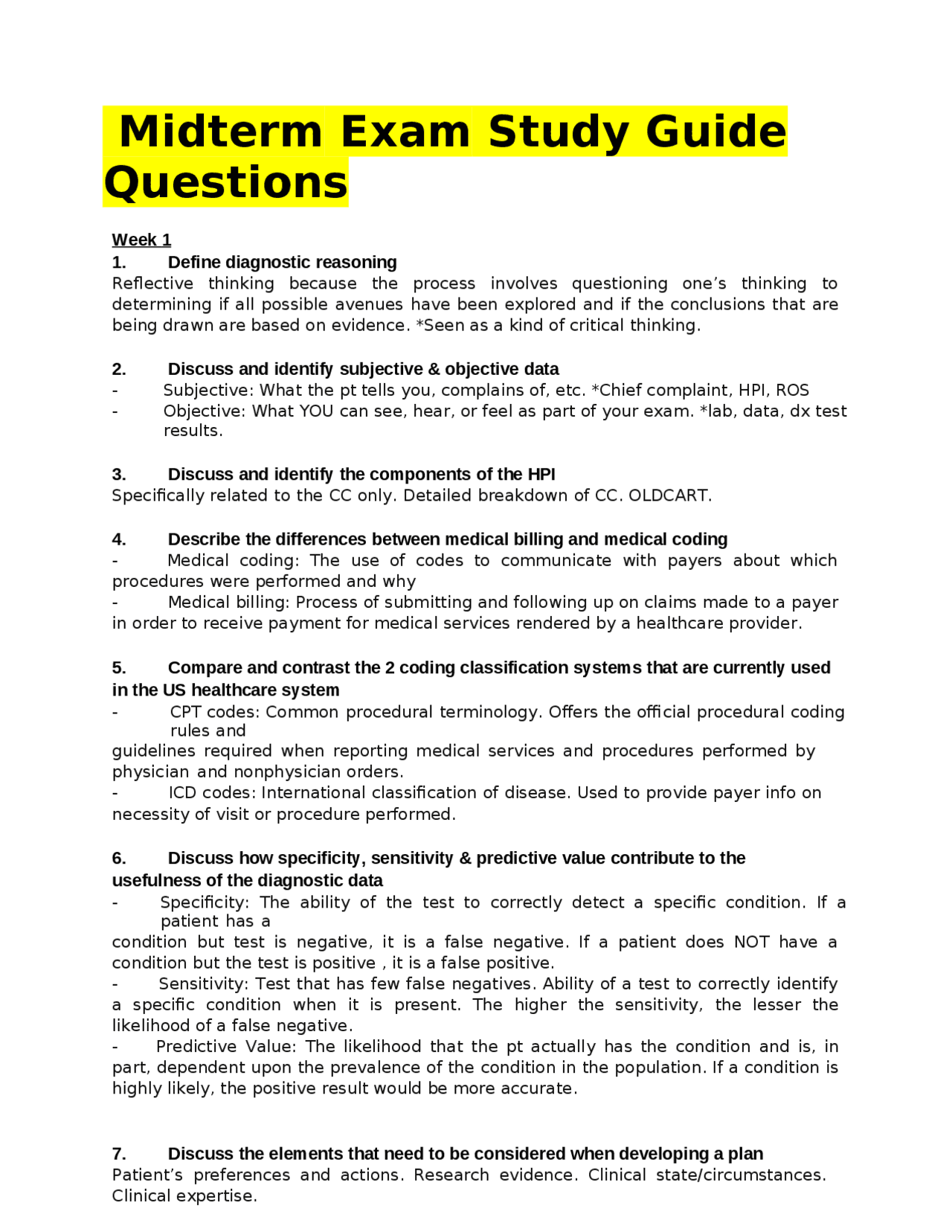 Midterm Exam Study Guide Questions | Exams Medical Records | Docsity
