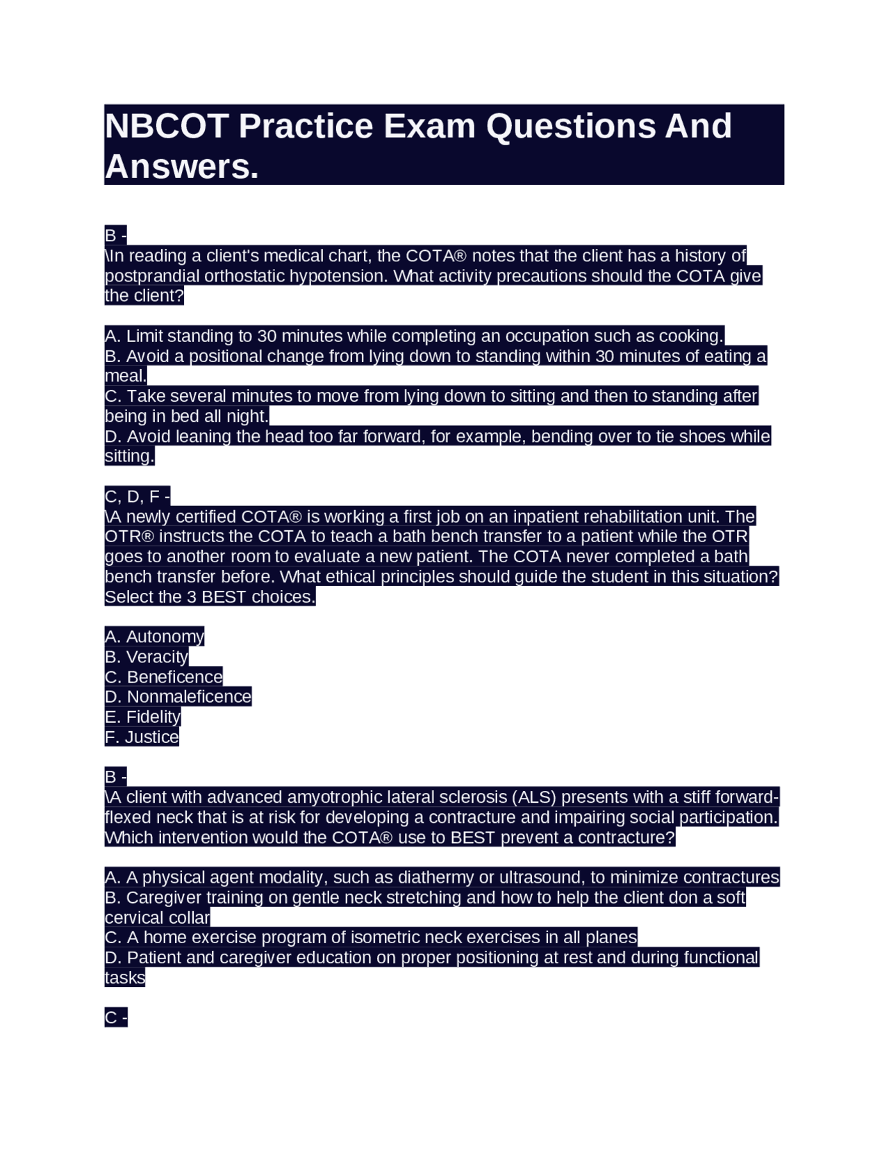 NBCOT Practice Exam Questions And Answers. | Exams Occupational therapy ...