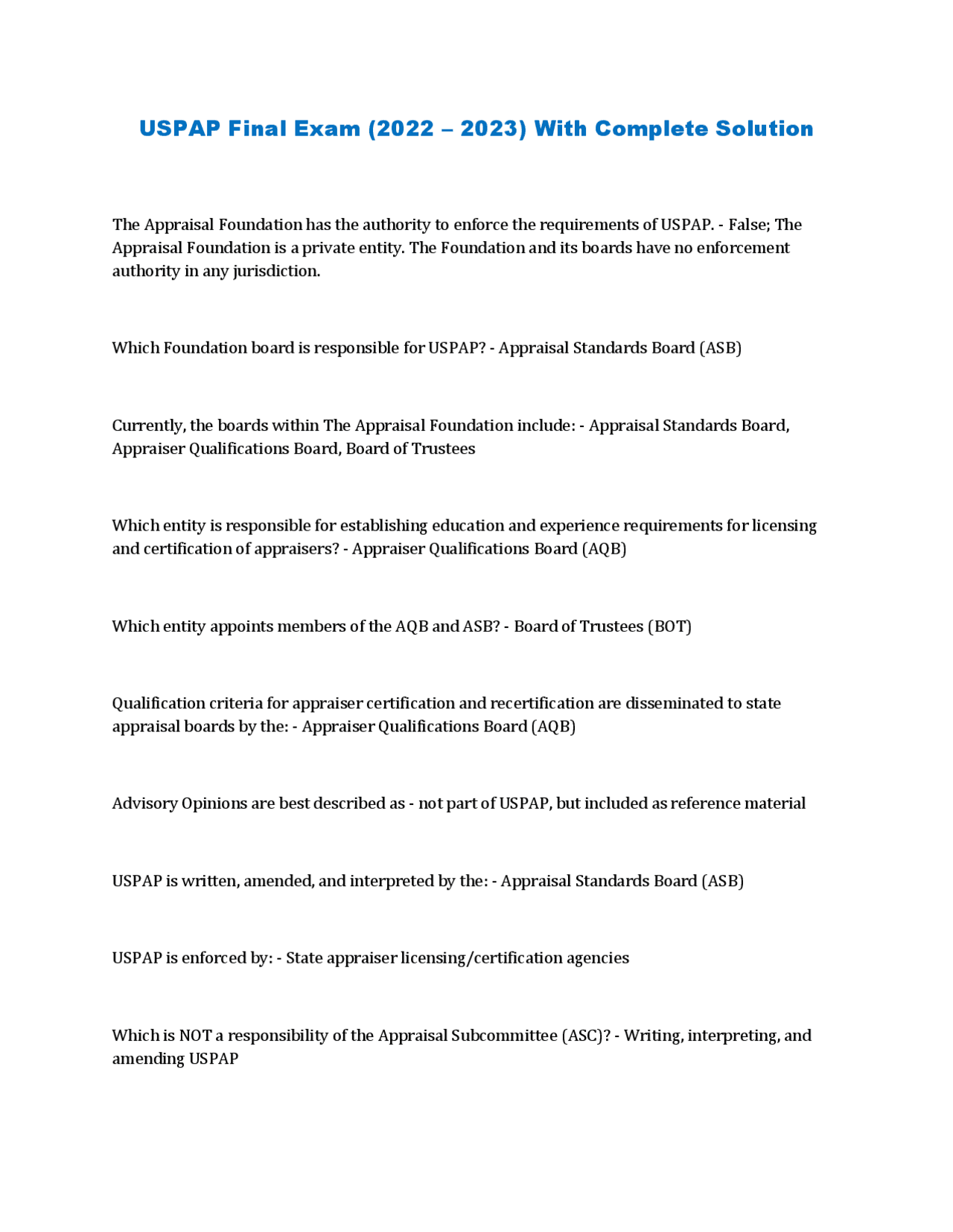 USPAP Final Exam (2022 – 2023) With Complete Solution | Exams Real ...