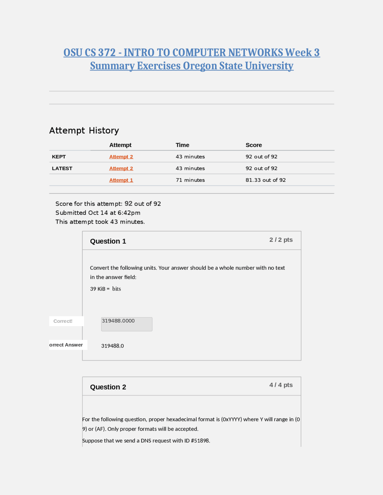 Osu Cs 372 Intro To Computer Networks Week 3 Summary Exercises Oregon State University Exams