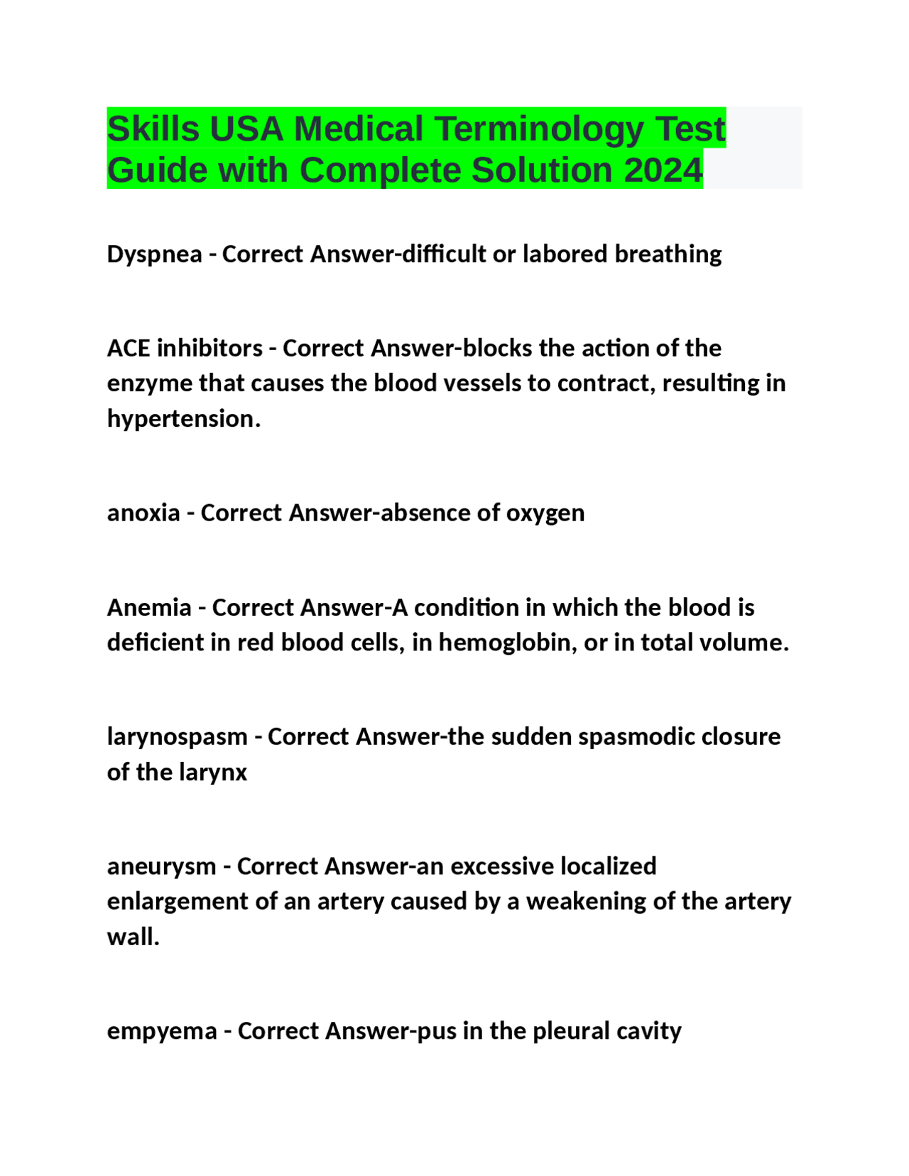 Skills USA Medical Terminology Test Guide with Complete Solution 2024 ...