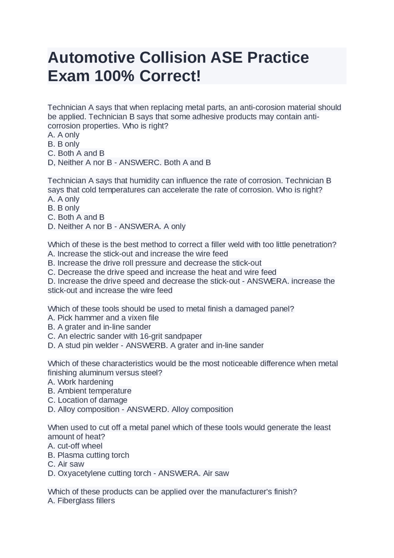 Automotive Collision Repair Techniques Exam | Exams Biology | Docsity