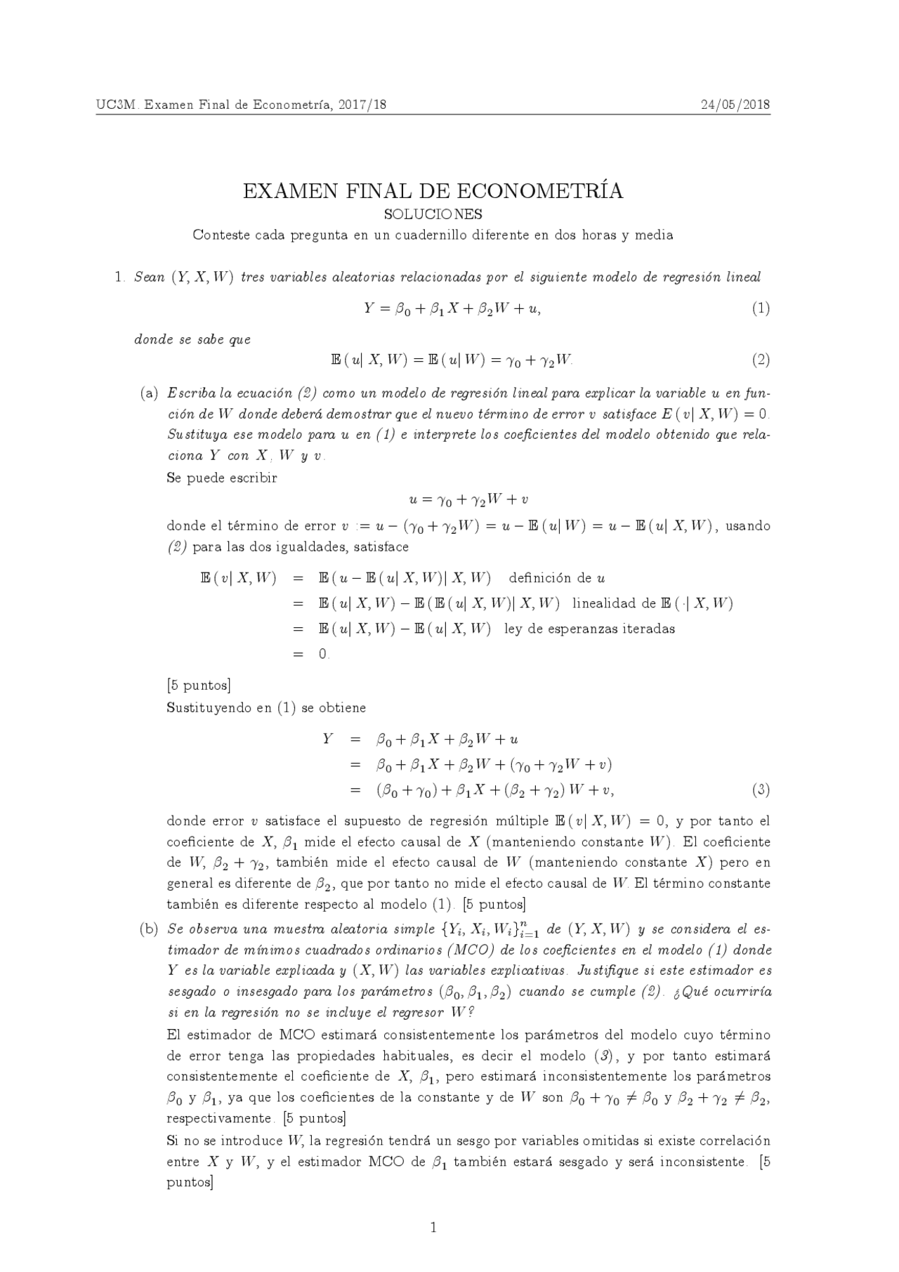 Examen 2018 econometria resuelto | Exámenes selectividad de Econometría | Docsity