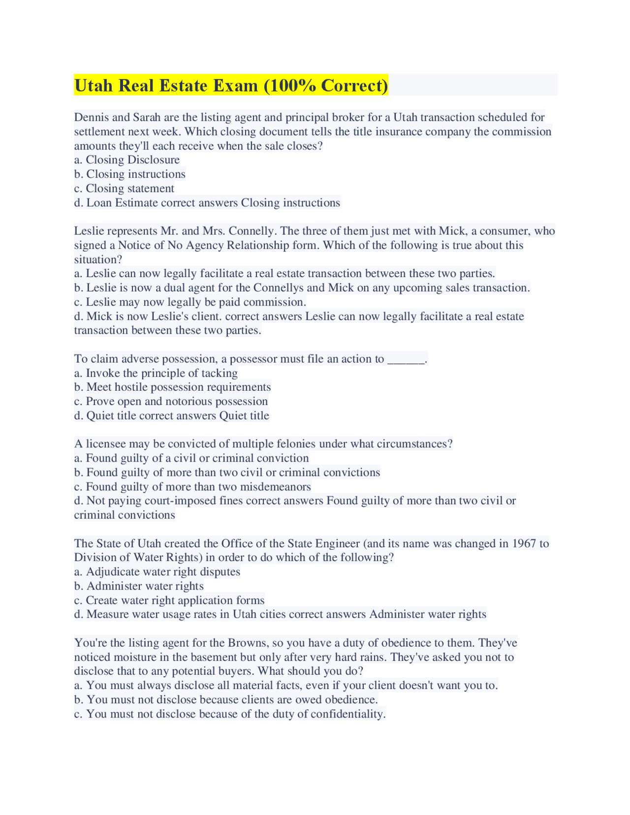 Real Estate Regulations in Utah | Exams Real Estate Management | Docsity