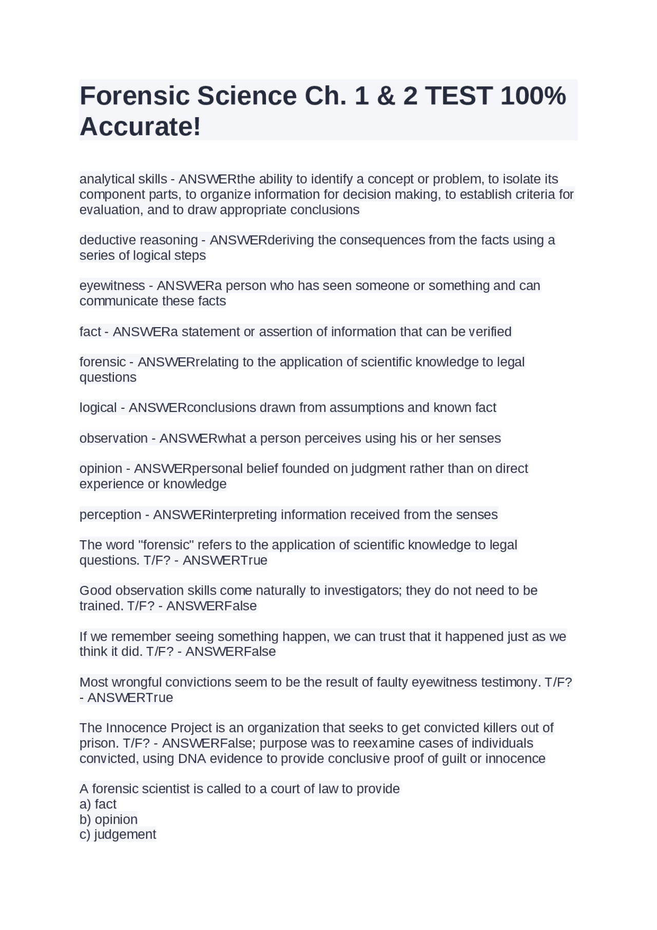 Forensic Science Ch. 1 & 2 TEST 100% Accurate! | Exams Physics | Docsity