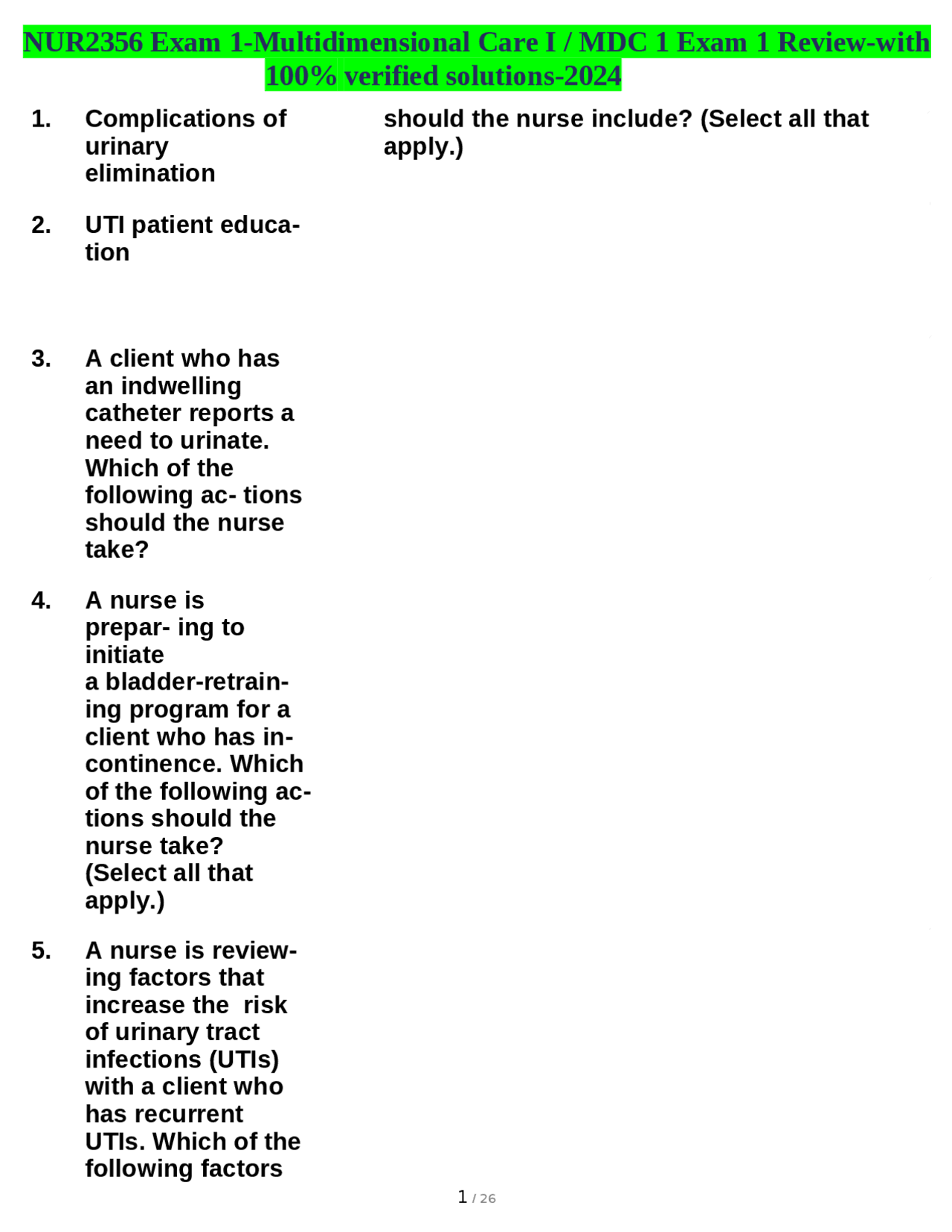 NUR2356 Exam 1-Multidimensional Care I or MDC 1 Exam 1 Review-with 100% ...