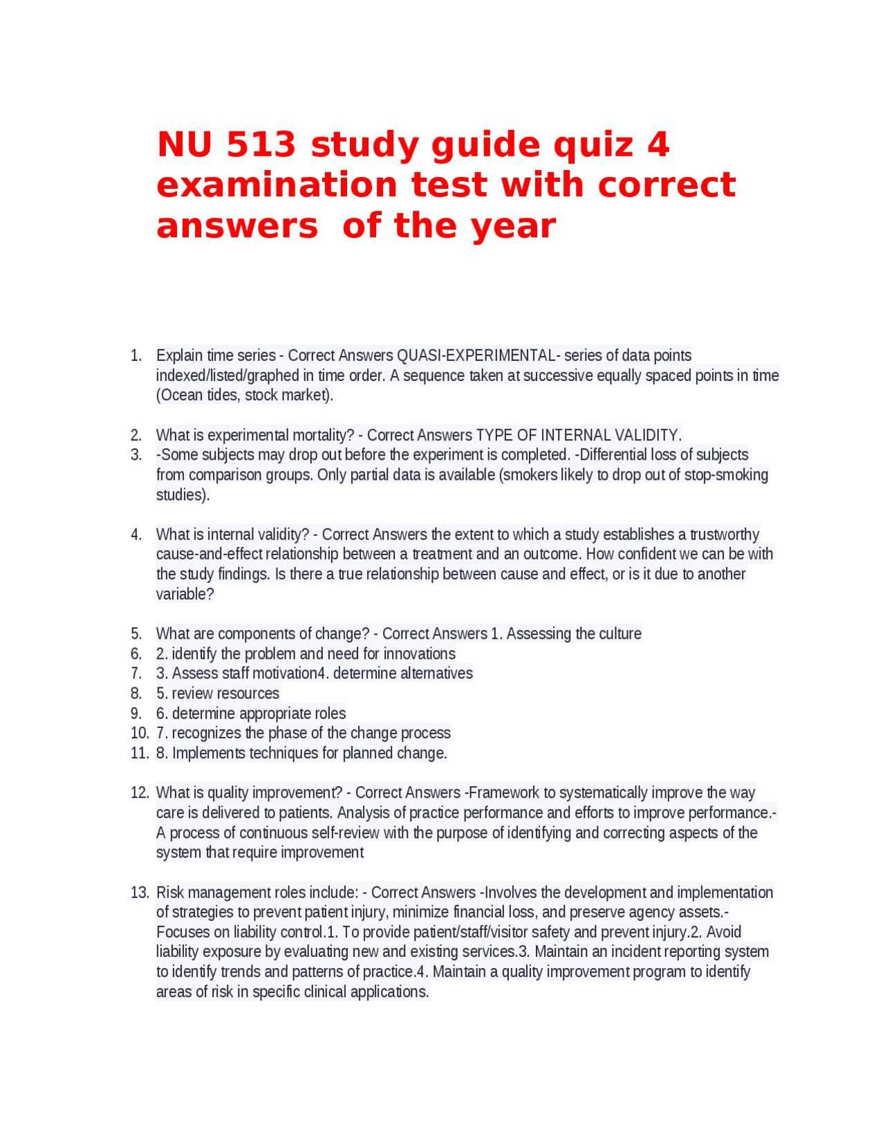 NU 513 Study Guide: Quiz 4 - Nursing Concepts | Exams Nursing | Docsity