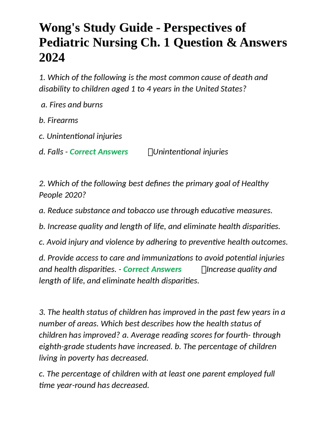 Perspectives of Pediatric Nursing: Chapter 1 Questions and Answers ...
