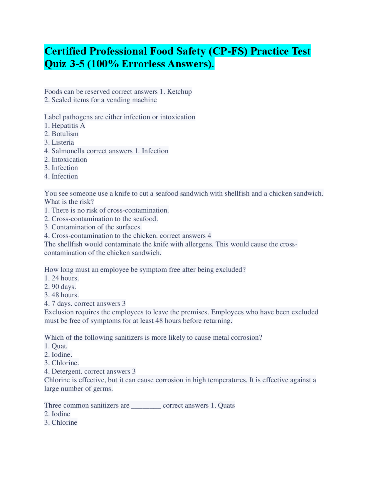Certified Professional Food Safety (CP-FS) Practice Test Quiz 3-5 (100% ...
