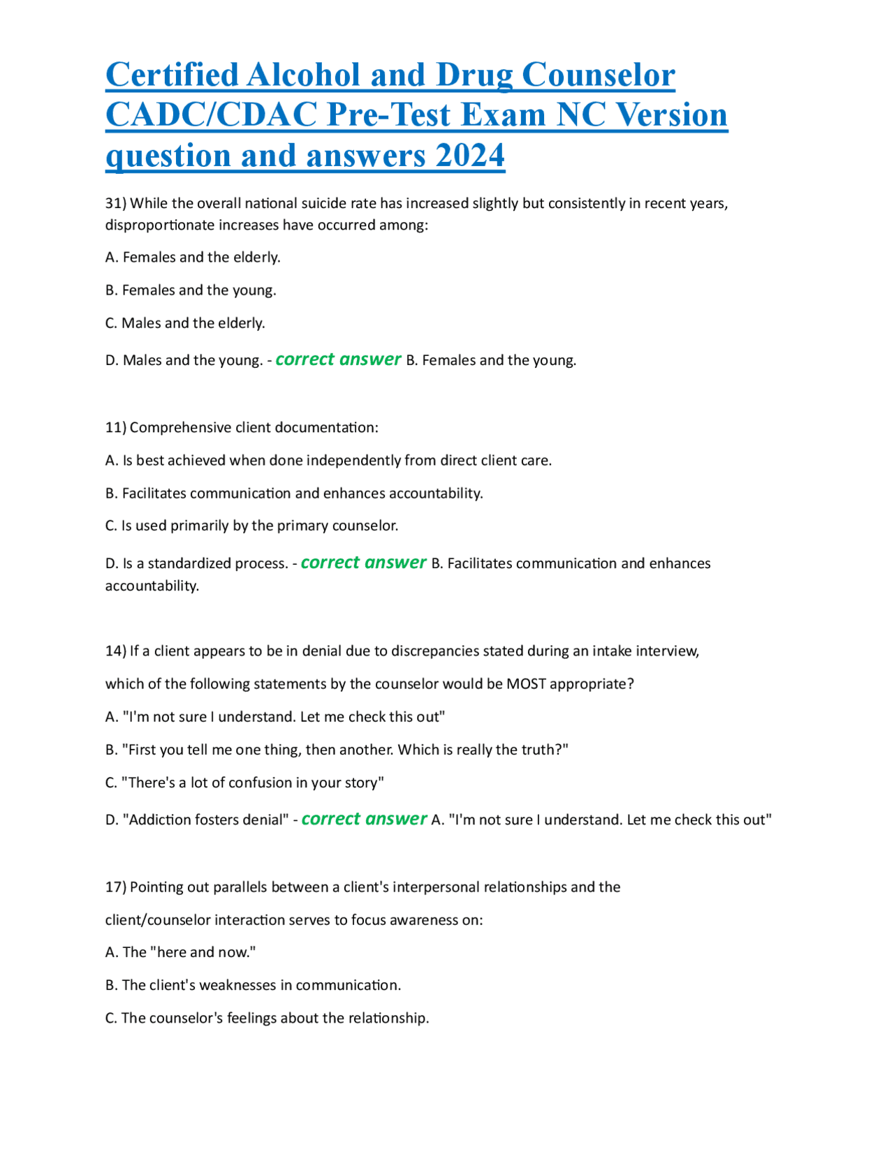 Certified Alcohol and Drug Counselor CADC/CDAC Pre-Test Exam Questions ...