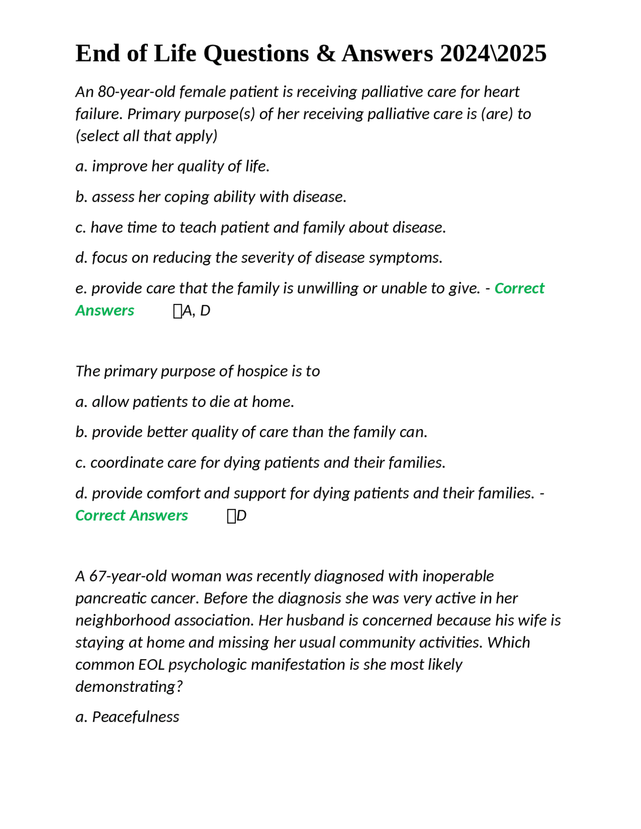 End of Life Questions & Answers 2024\2025 | Exams Nursing | Docsity