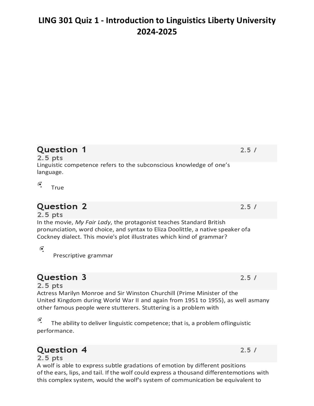 LING 301 Quiz 1 - Introduction to Linguistics Liberty University 2024 ...