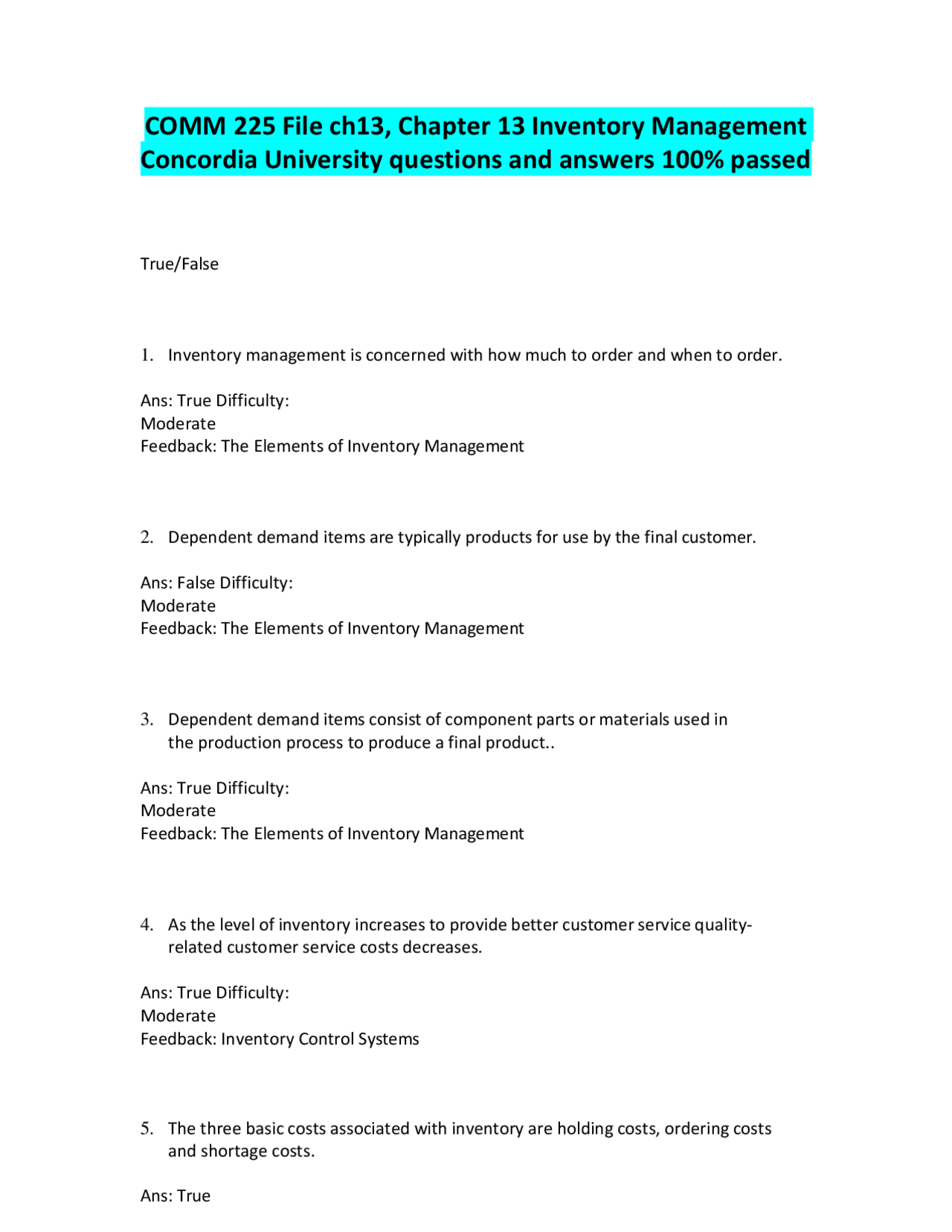 COMM 225 File ch13, Chapter 13 Inventory Management Concordia University questions and ans ...