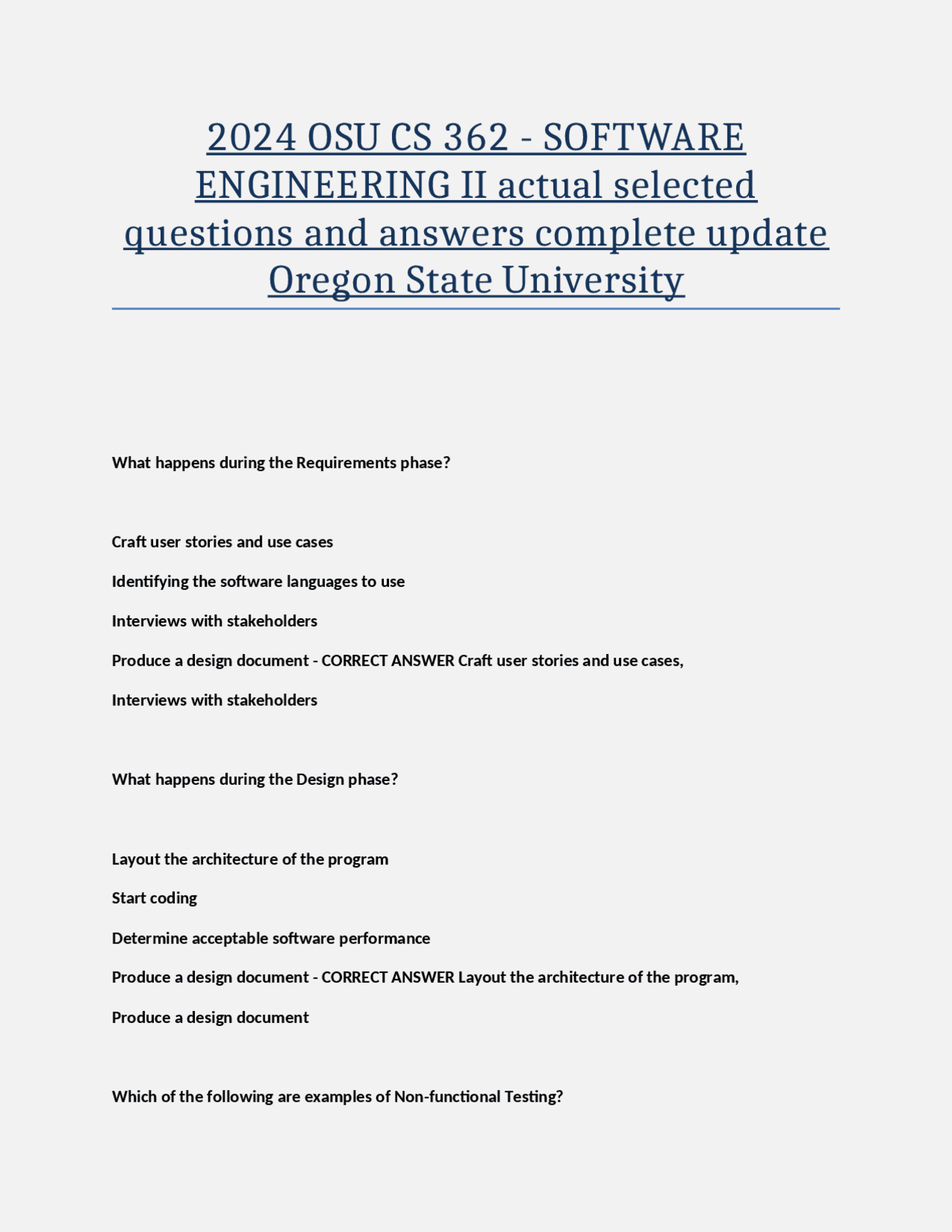 2024 OSU CS 362 - SOFTWARE ENGINEERING II actual selected questions and answers complete u ...