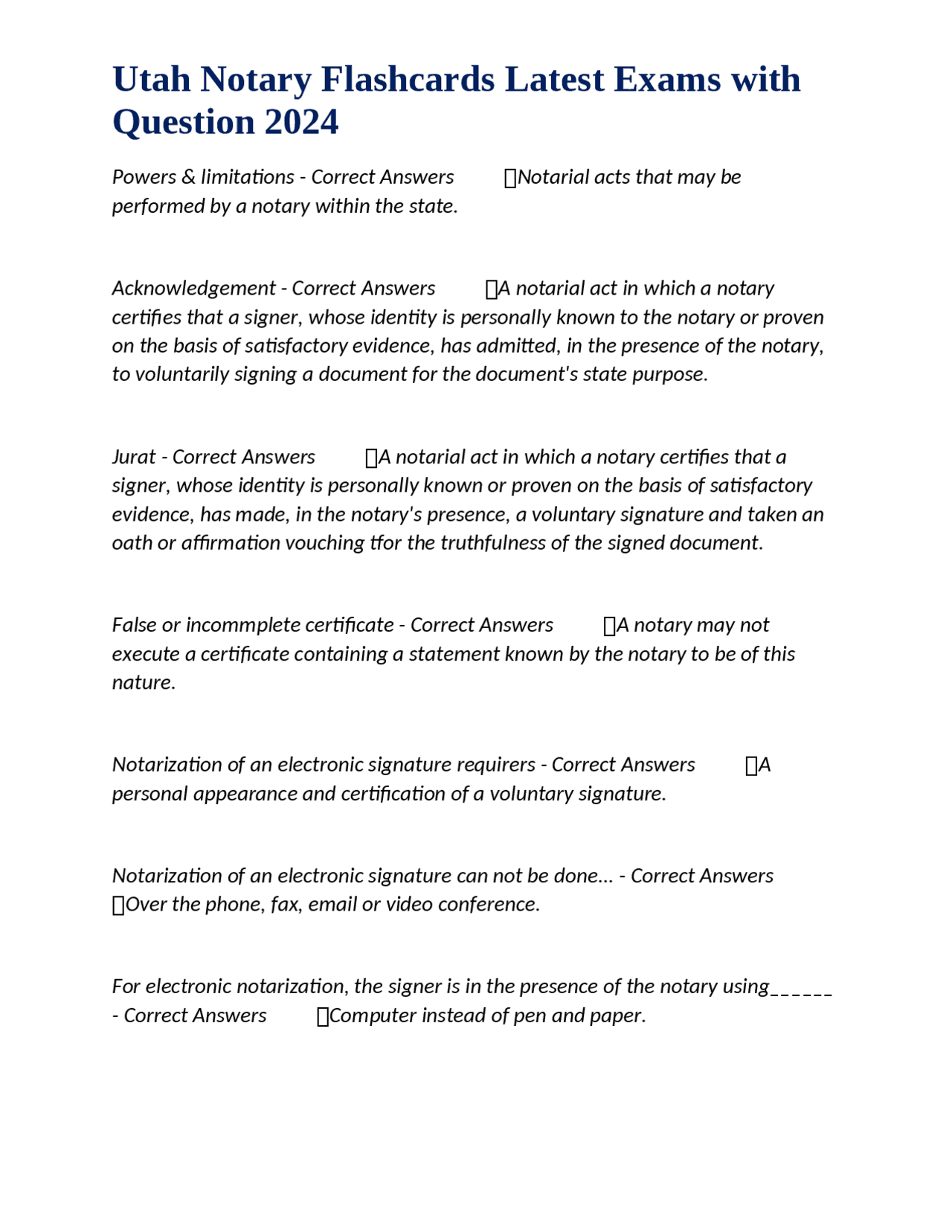 Utah Notary Flashcards Latest Exams with Question 2024 | Exams Nursing ...