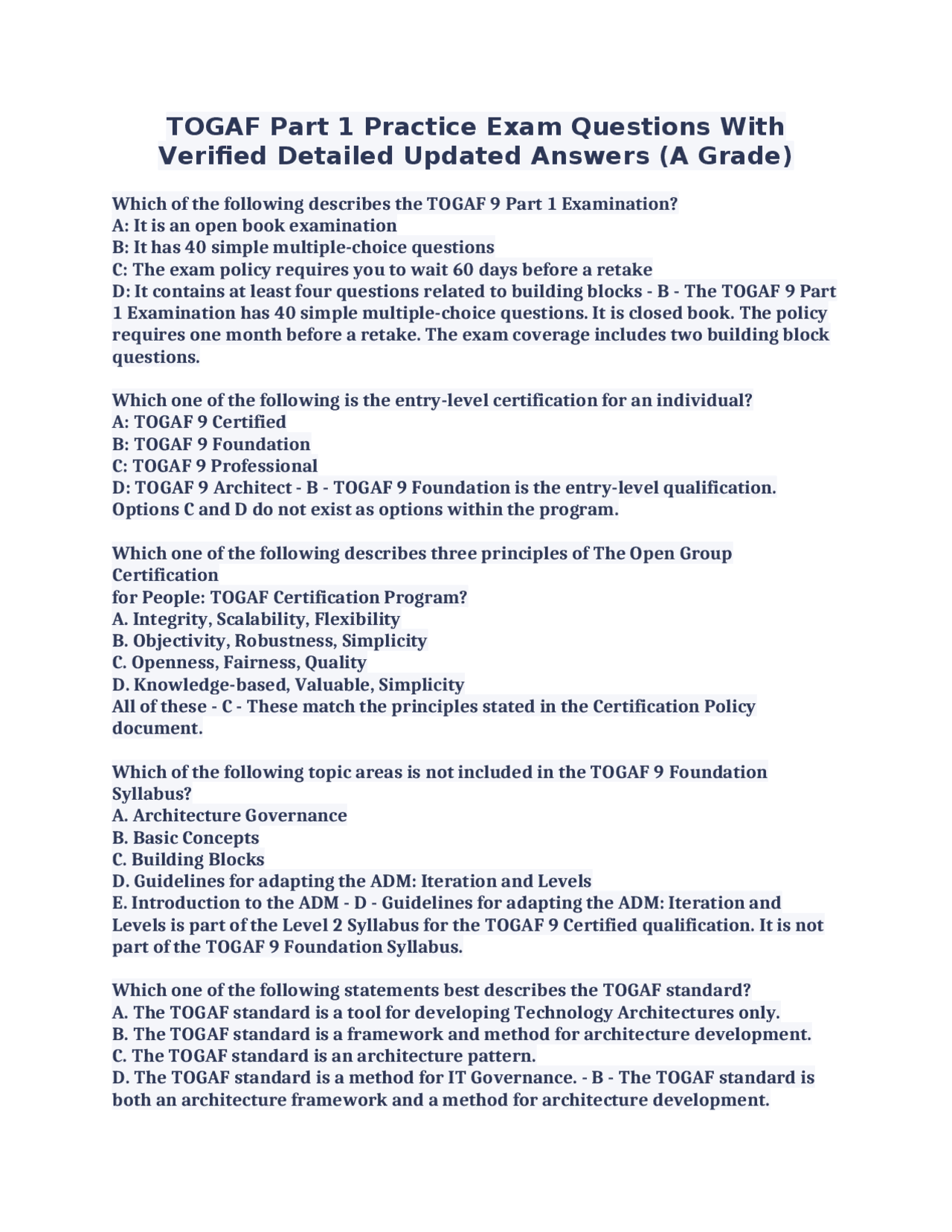 TOGAF Part 1 Practice Exam Questions With Verified Detailed Updated ...