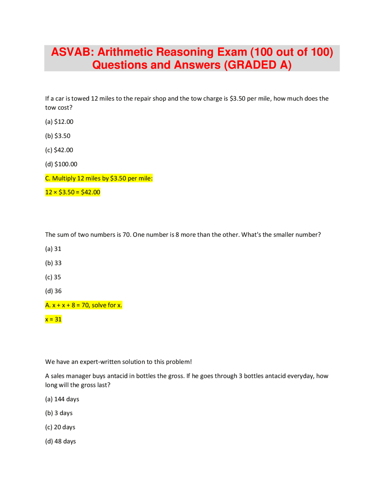 ASVAB Arithmetic Reasoning Exam (100 out of 100) Questions and Answers ...