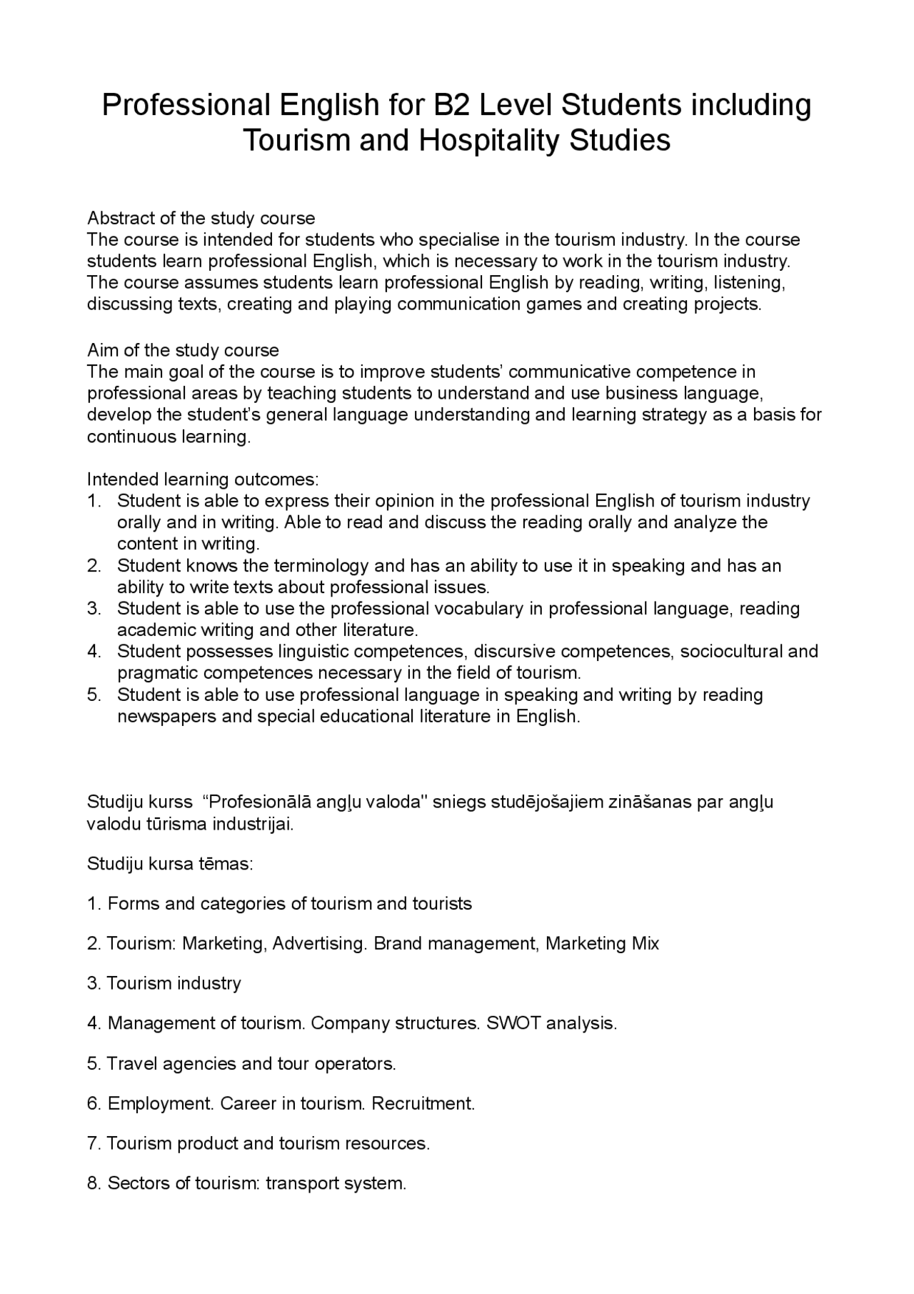 English for Professional Studies of Hospitality and Tourism | Study ...